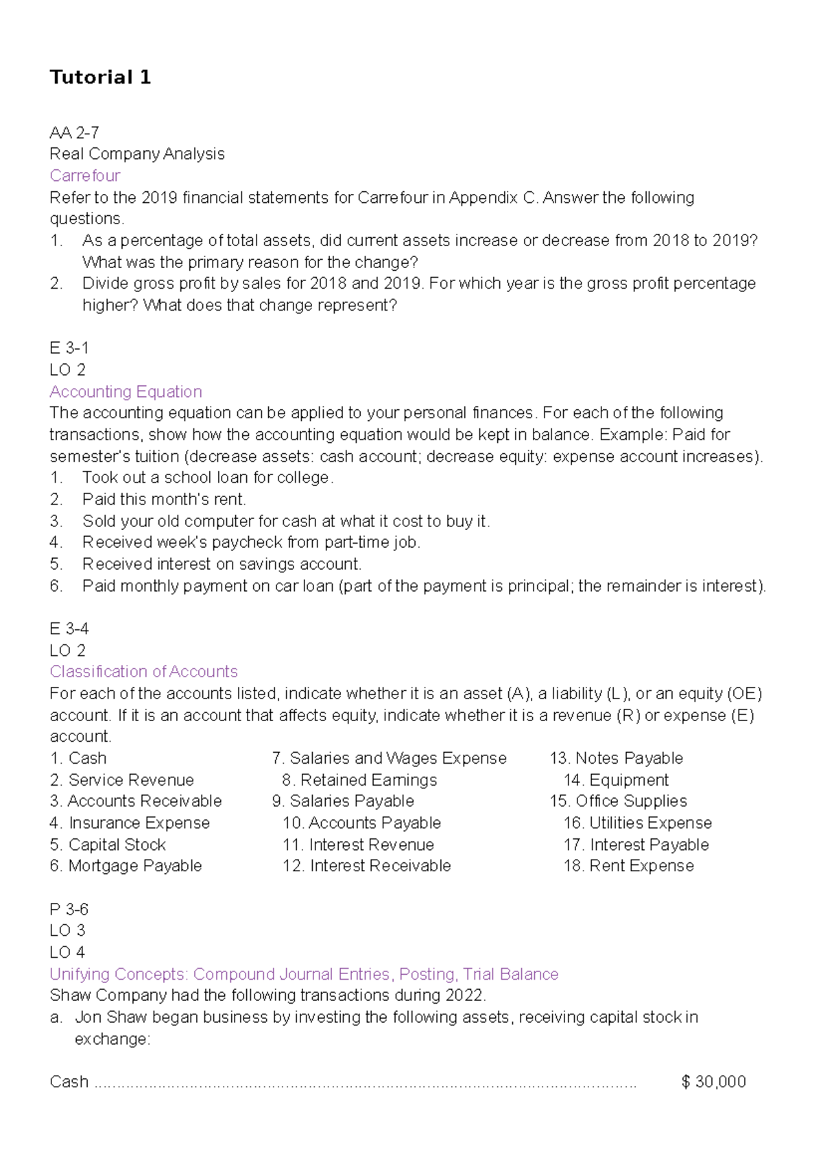 Tutorial 1 Questions - very very detailed solutions of accounting ...