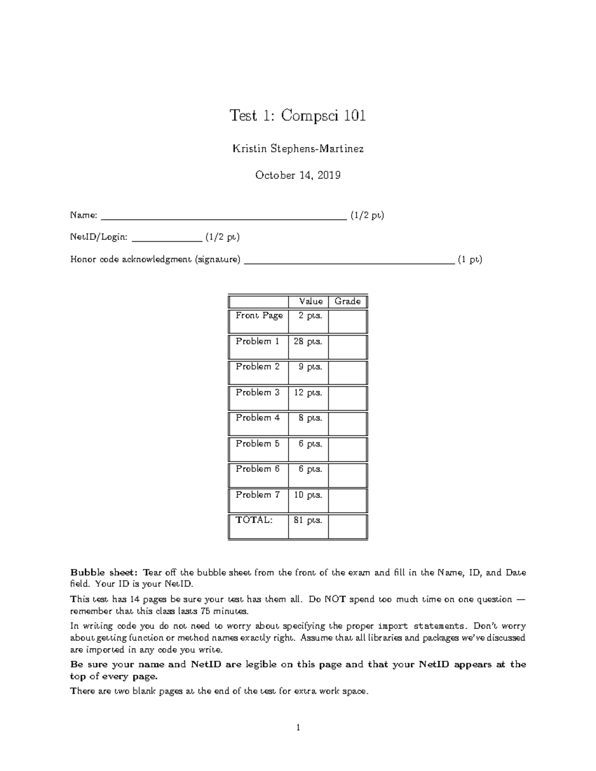 Midterm 1-fall19 - Exam 19 - Test 1: Compsci 101 Kristin Stephens ...