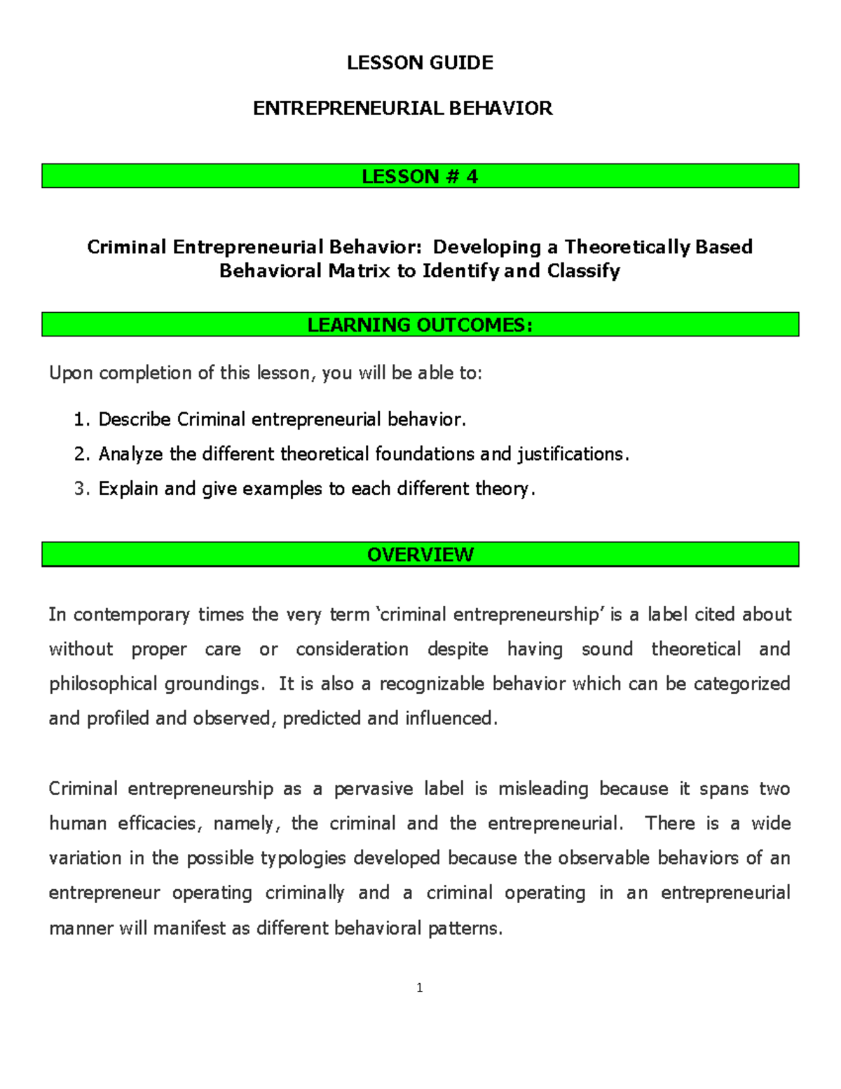 EB L4 Matrix - Helpful - LESSON GUIDE ENTREPRENEURIAL BEHAVIOR Criminal ...