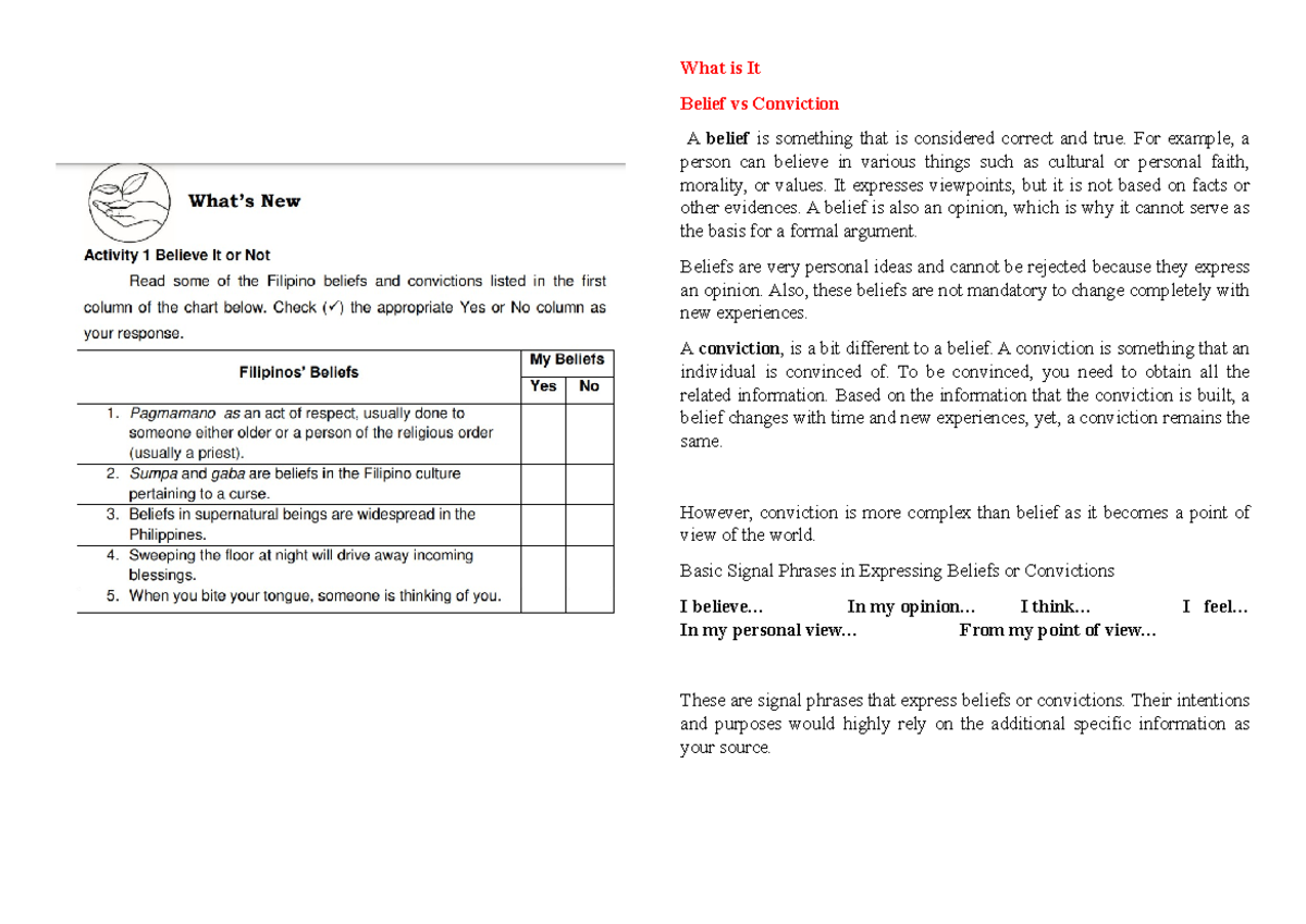 Belief - What is It Belief vs Conviction A belief is something that is ...