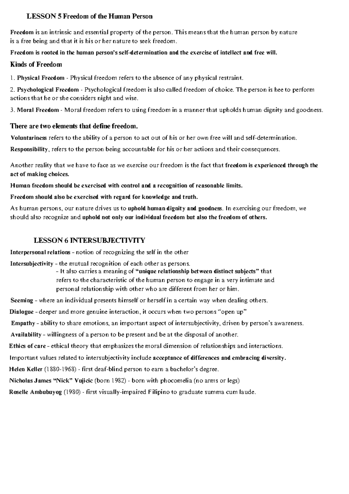 Philosophy L5-L7 - LESSON 5 Freedom of the Human Person Freedom is an ...