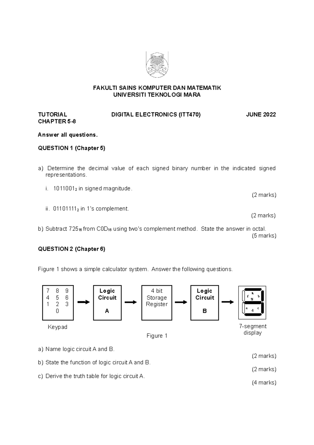 Tutorial ITT470 Chapter 5-8 June 2022 - FAKULTI SAINS KOMPUTER DAN MATEMATIK UNIVERSITI ...