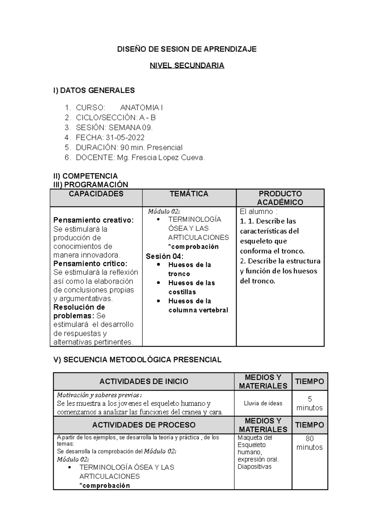 Semana 11 - educación secundaria biologia anatomia - DISEÑO DE SESION DE APRENDIZAJE NIVEL - Studocu