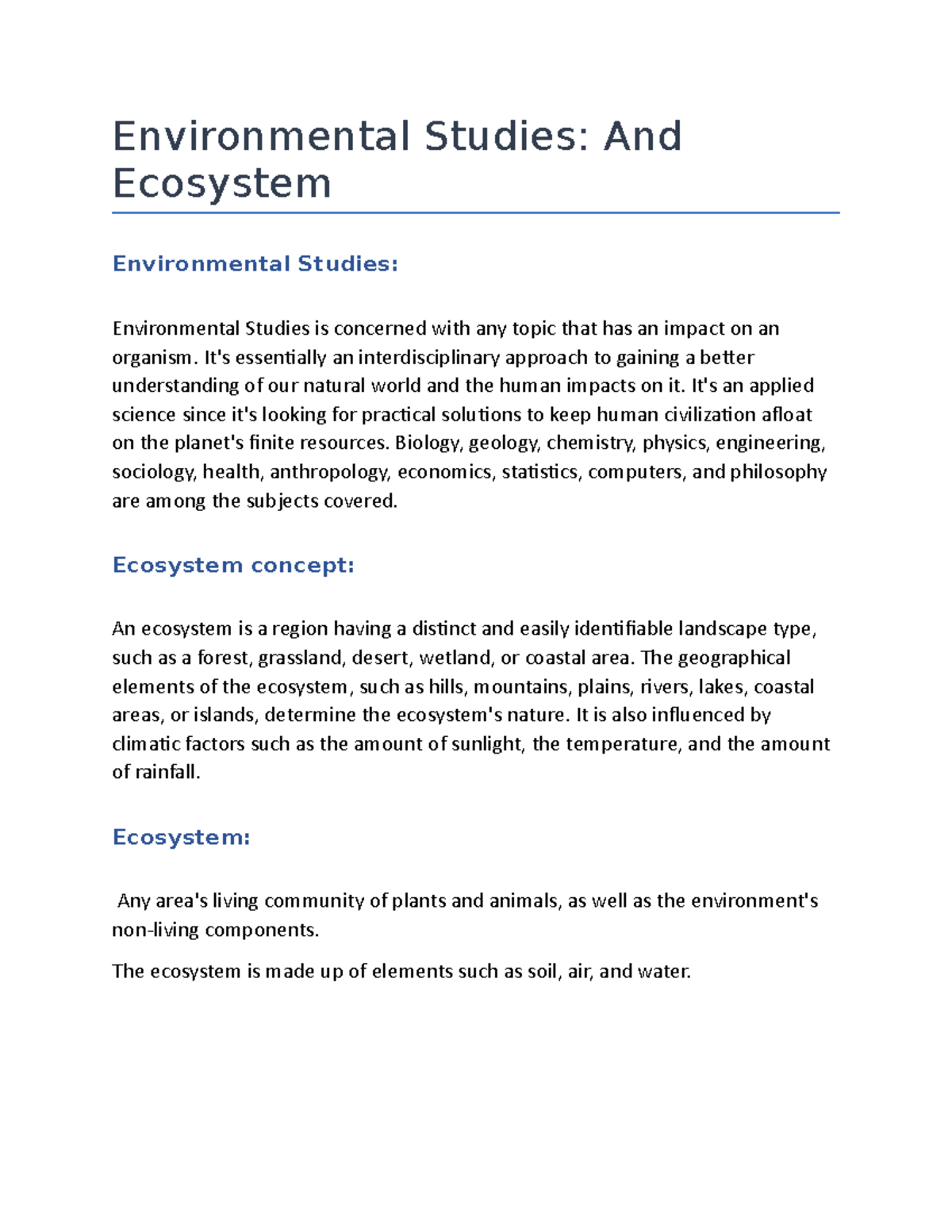 A Brife Note On Environmental Studies And Ecosystem - Environmental ...