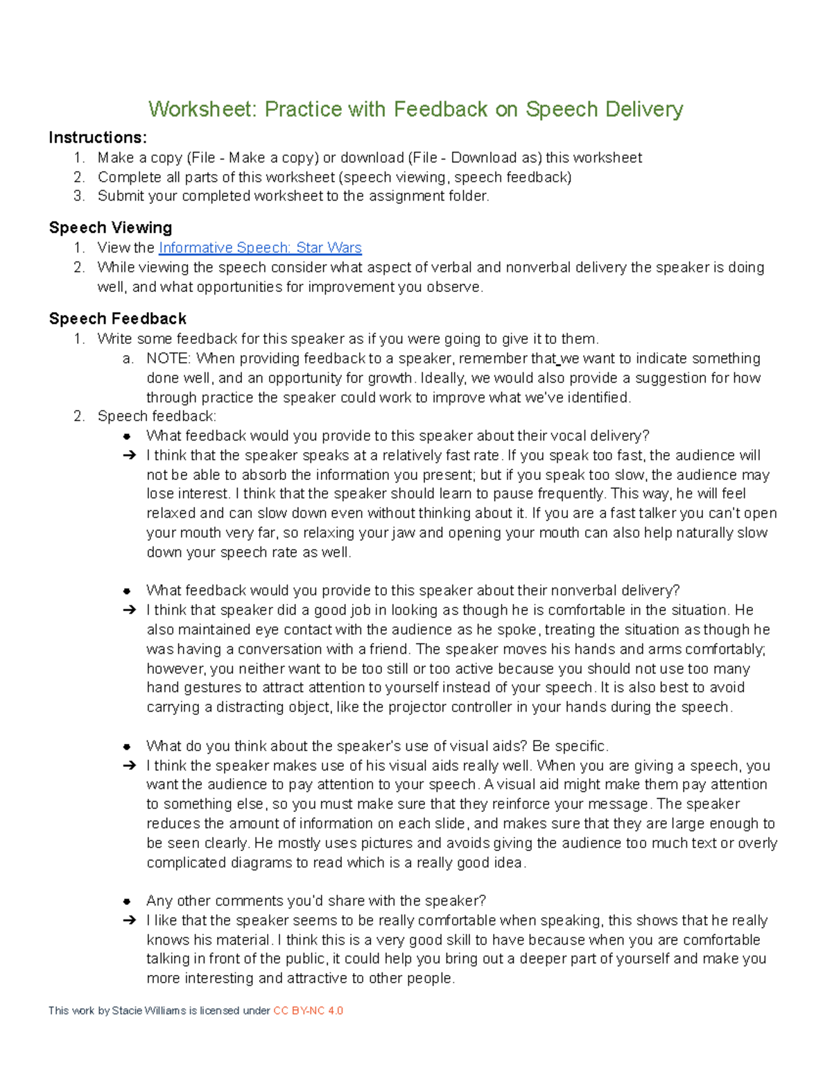 COMM 111 - Worksheet Speech Delivery Feedback - Worksheet: Practice ...