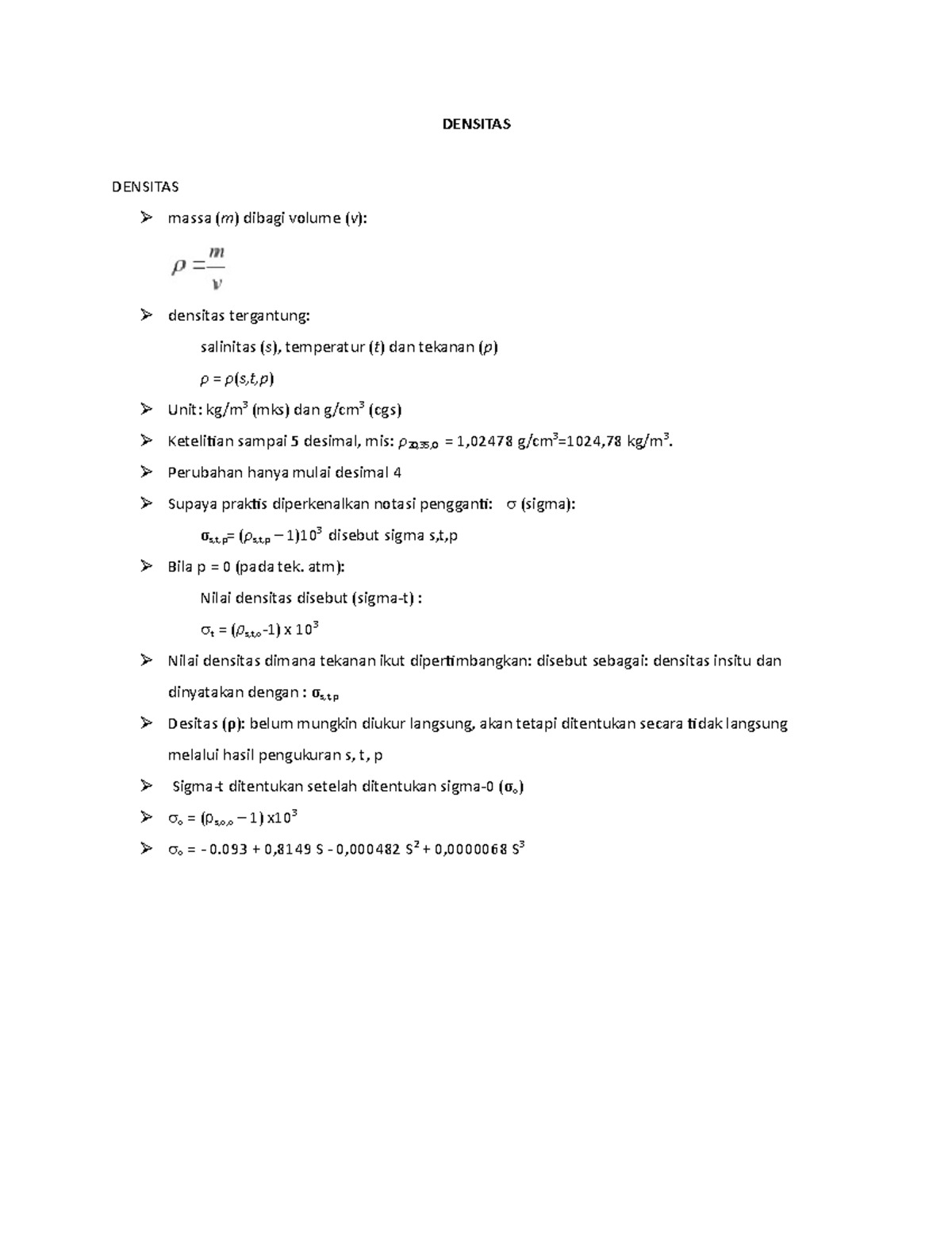 Pengantar Oseanografi - Densitas - DENSITAS DENSITAS massa (m) dibagi ...