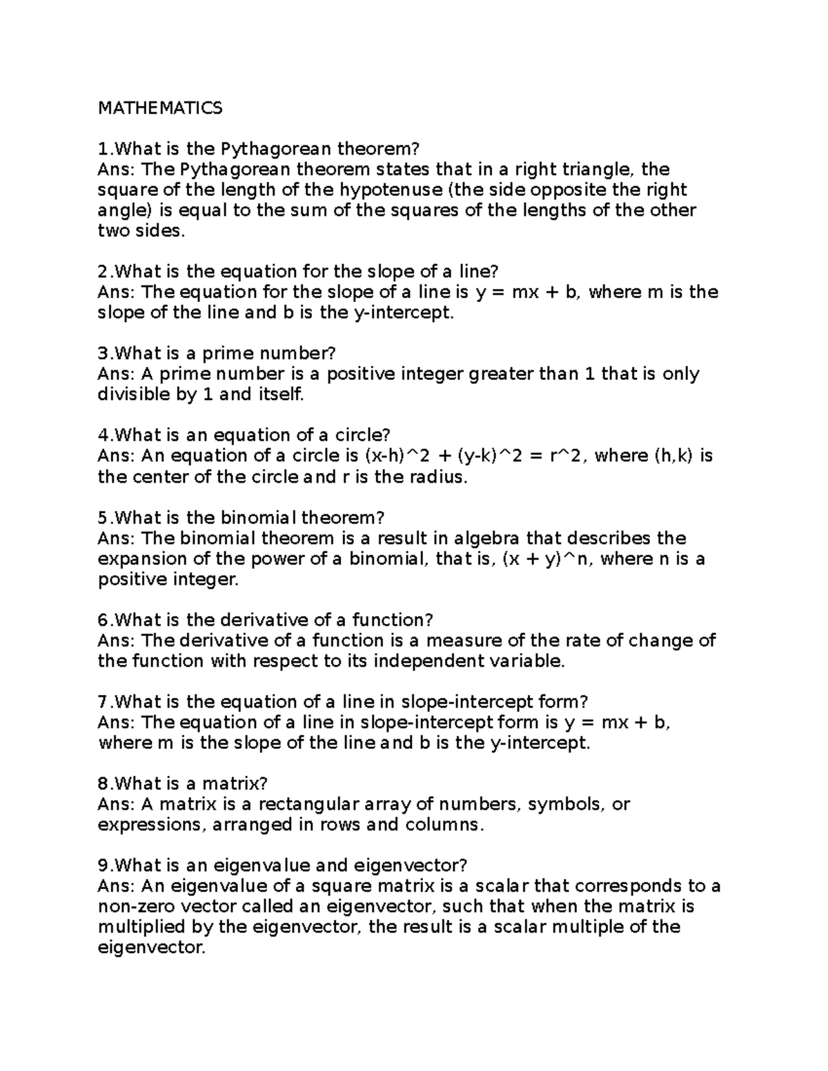 Mathematics 1 - QUIZ - MATHEMATICS 1 is the Pythagorean theorem? Ans ...