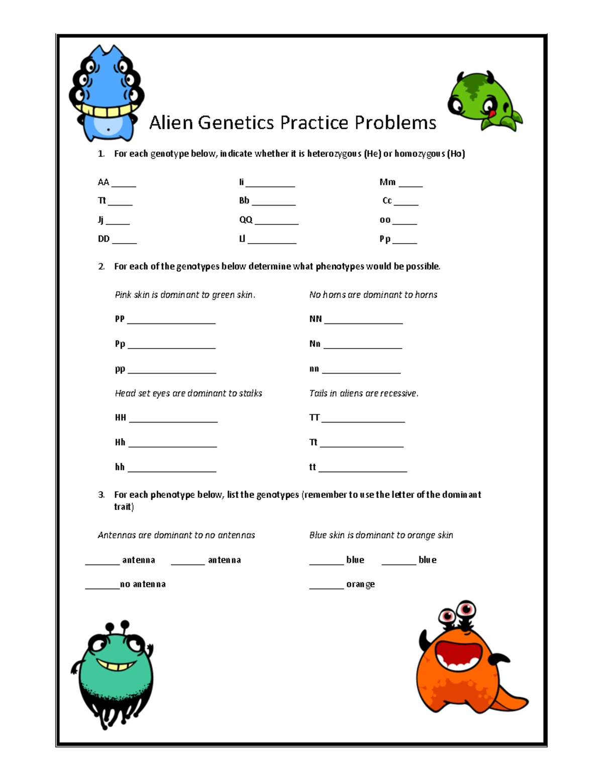 Alien Genetics (student) - Alien Genetics Practice Problems For each ...