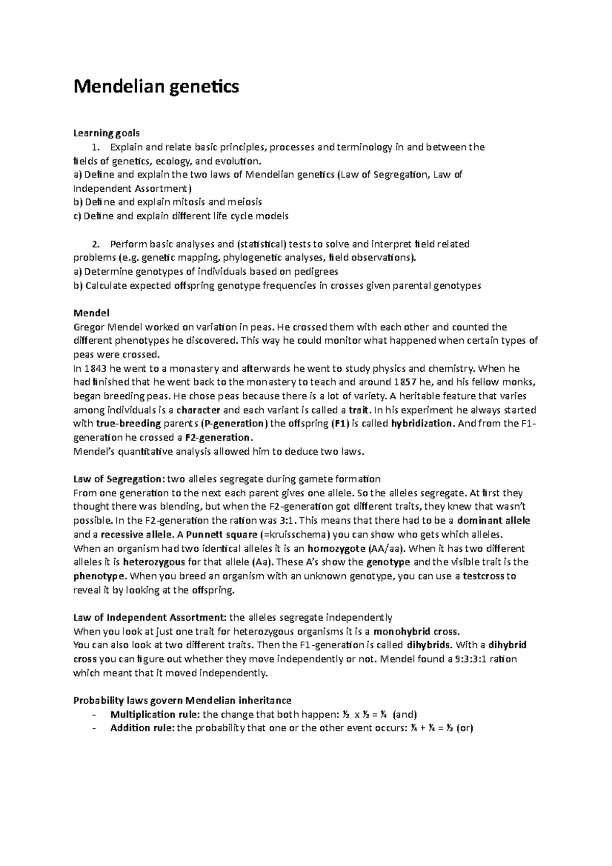 Mendelian genetics summary (Genetics, ecology, evolution) - Mendelian ...