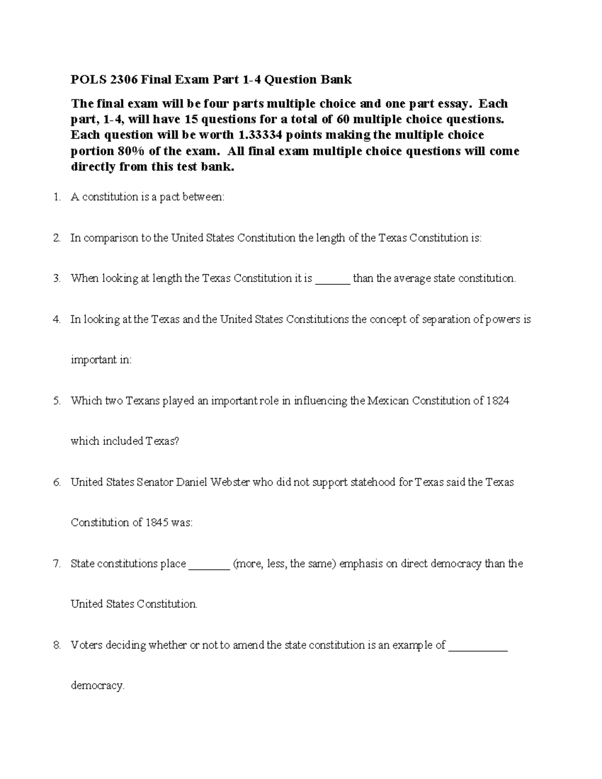 POLS 2306 Final Exam - POLS 2306 Final Exam Part 1-4 Question Bank The ...