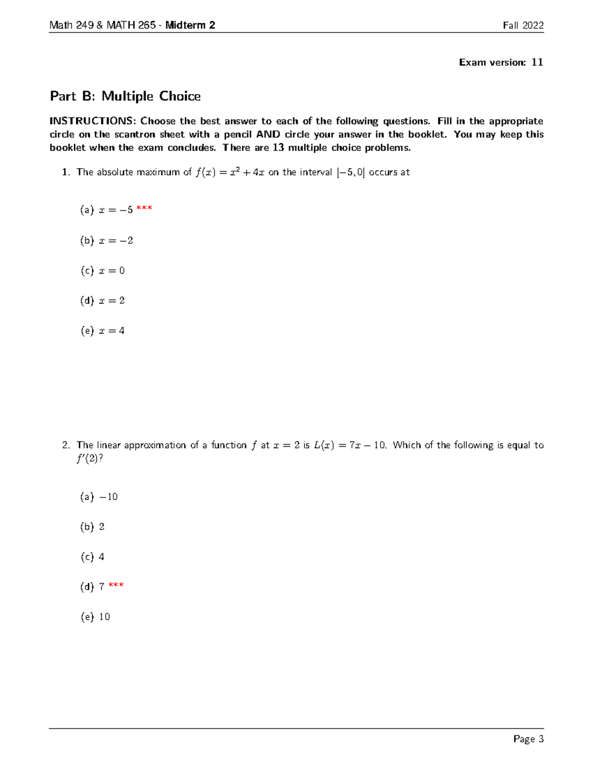 MT2 Part B 11 KEY F22 - practice midterm - Exam version: 11 Part B: Multiple Choice INSTRUCTIONS ...