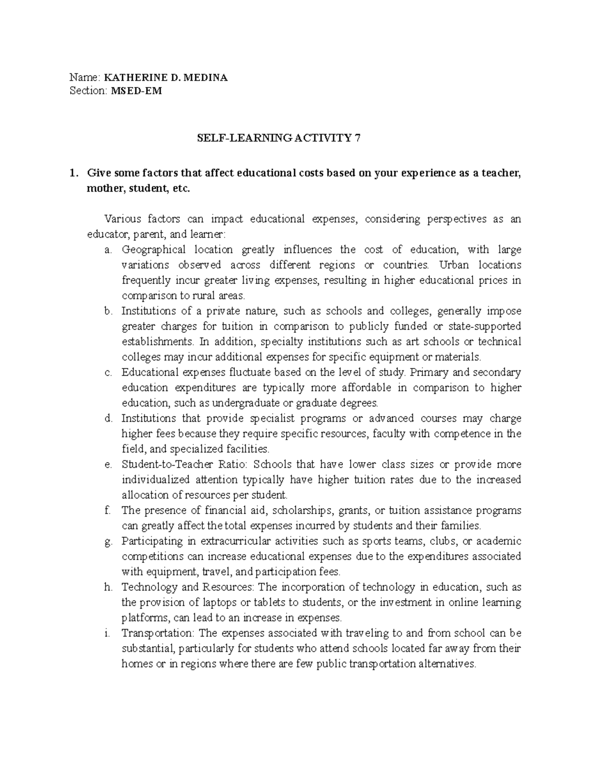 SELF Learning Activity 7 - Name: KATHERINE D. MEDINA Section: MSED-EM ...