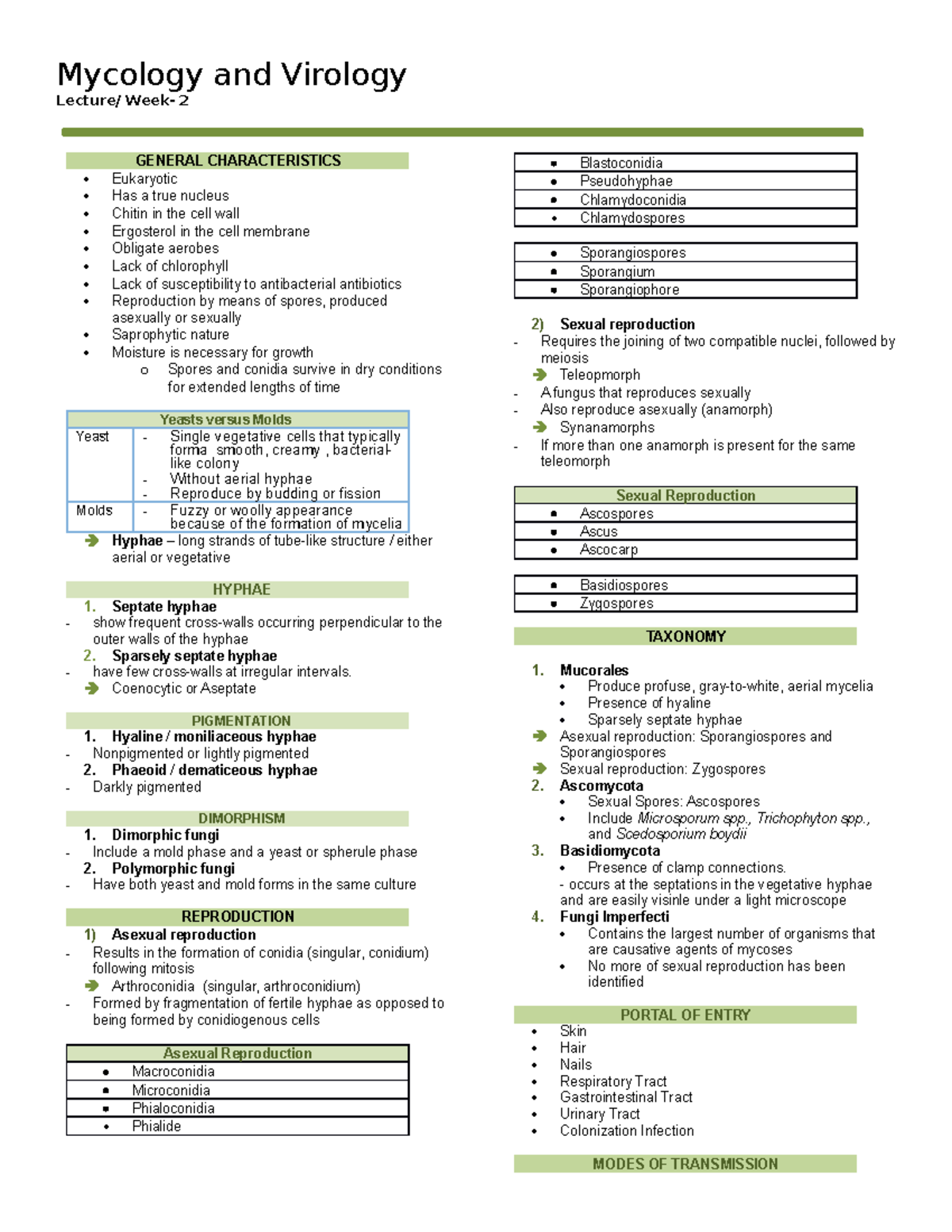INTRODUCTION TO MYCOLOGY PART ONE - Mycology and Virology Lecture/ Week- 2 GENERAL ...
