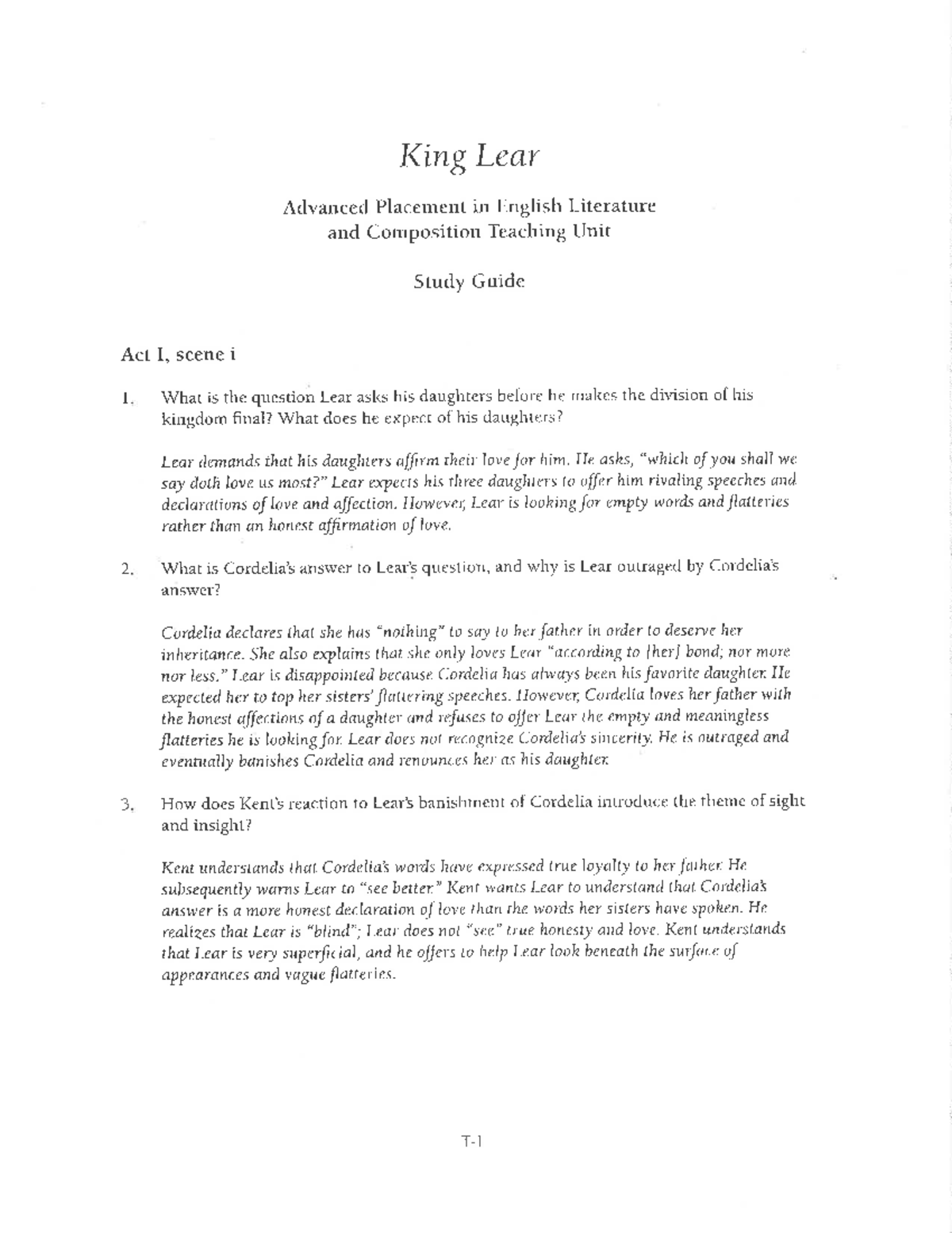 KING LEAR Question Answers - English course - Studocu