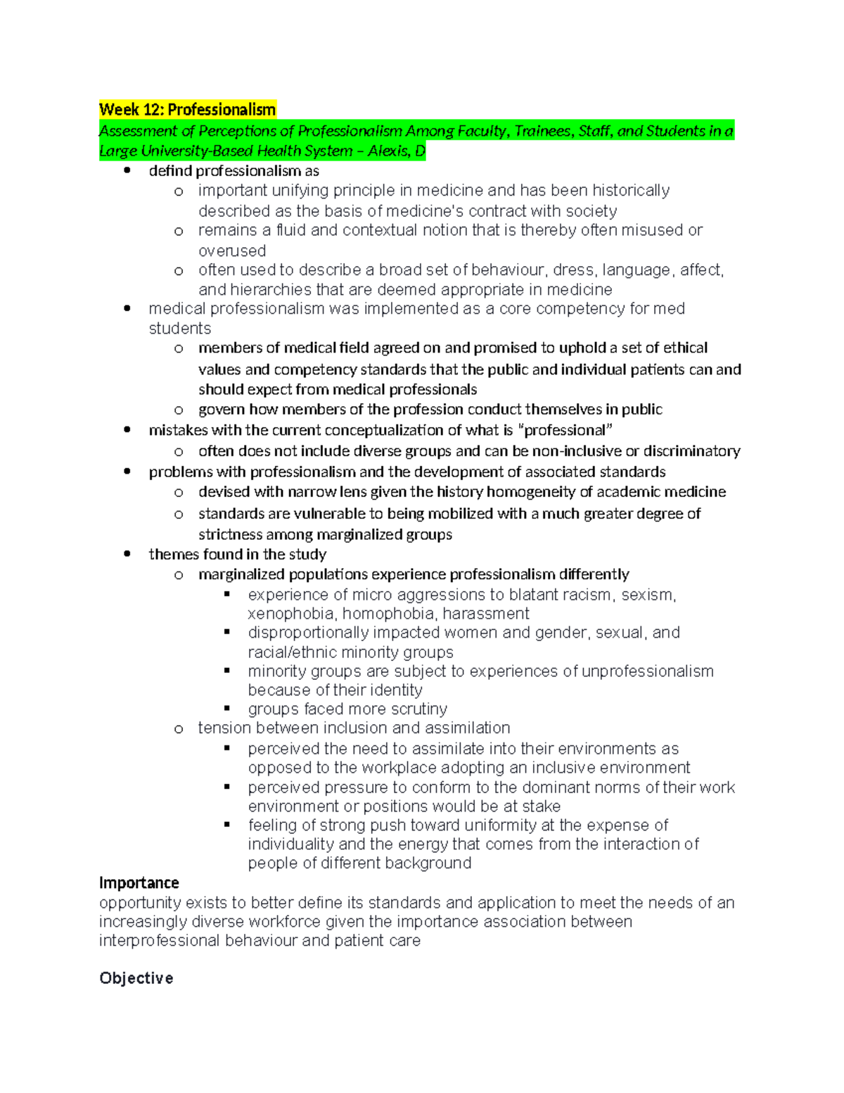 Week 12 notes - Week 12: Professionalism Assessment of Perceptions of ...