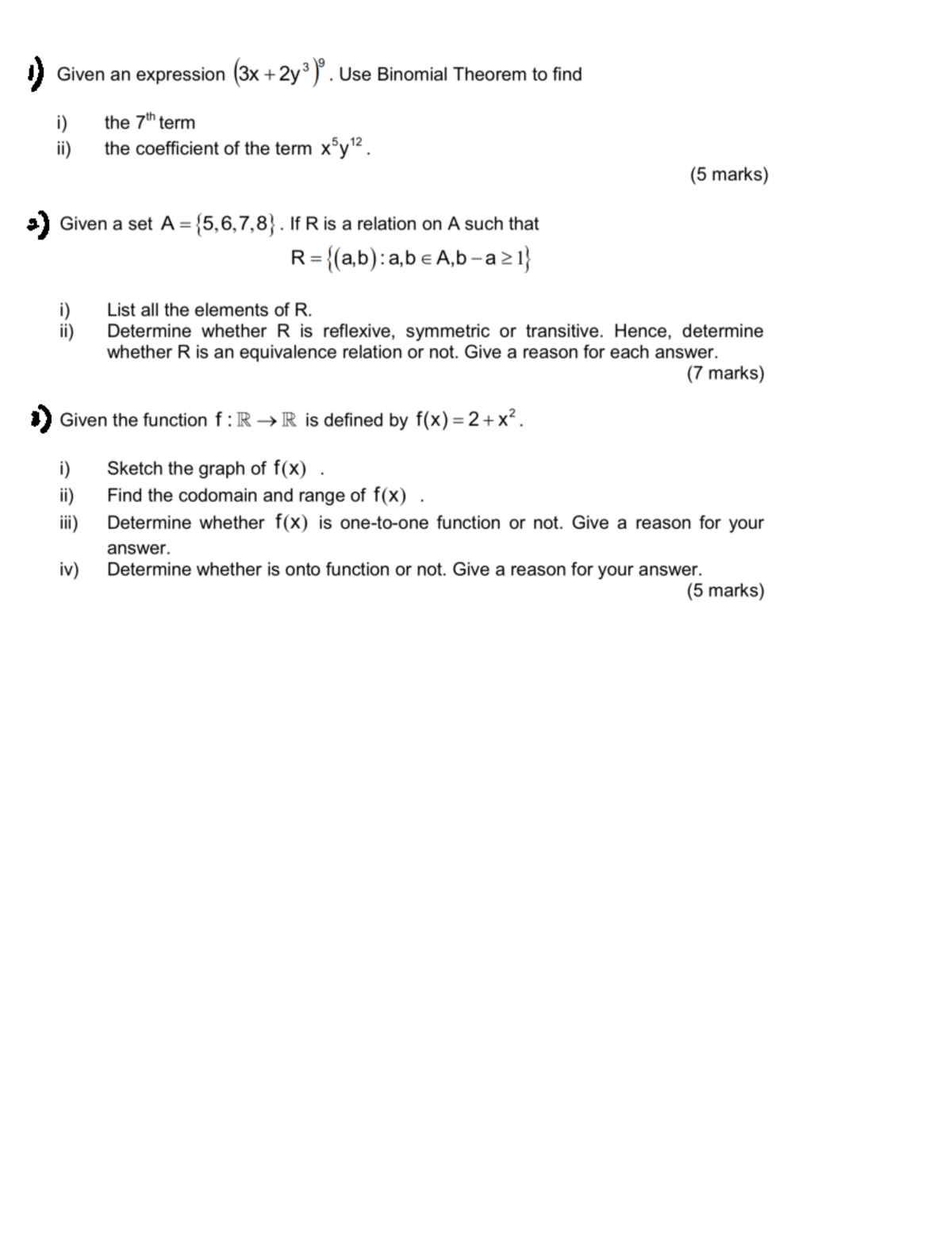 Tutorial (binomial, relation, function) - 1) Given an expression Use Binomial Theorem to find i ...