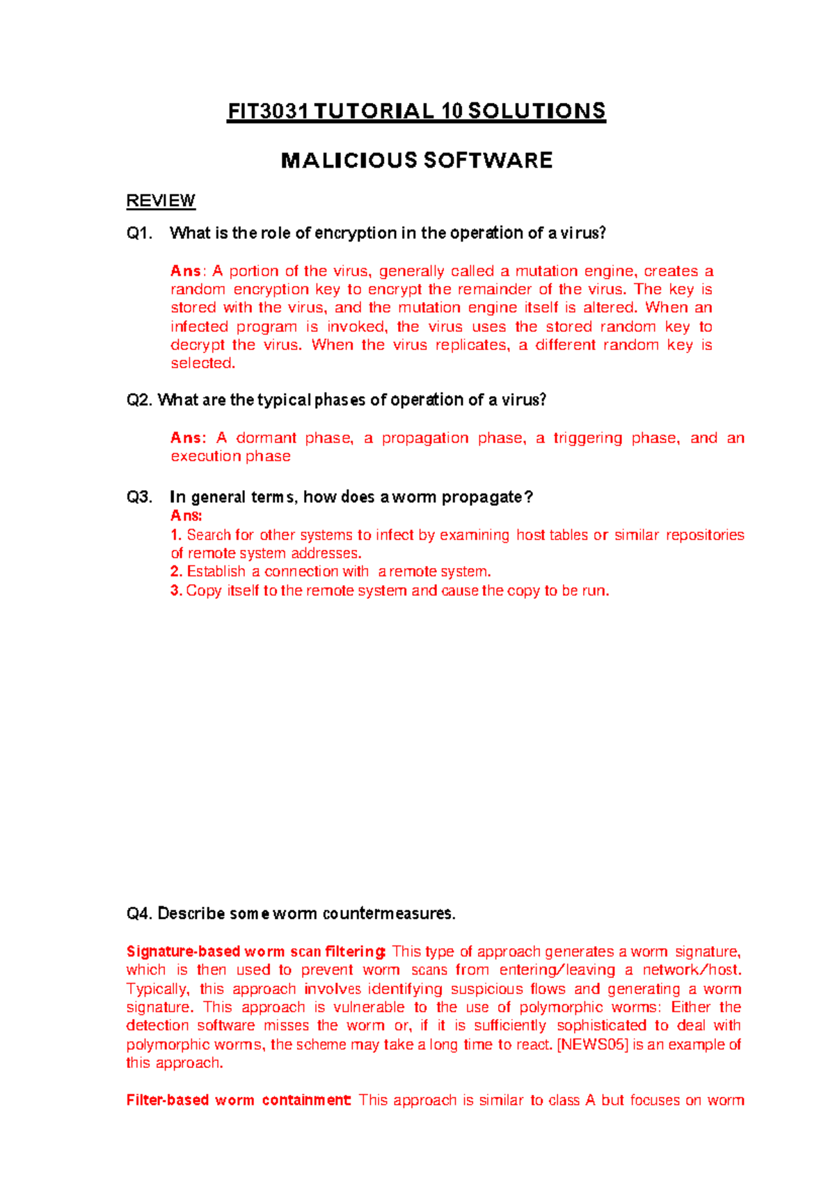 Tutorial 10-Solutions - FIT3031 TUTORIAL 10 SOLUTIONS MALICIOUS ...