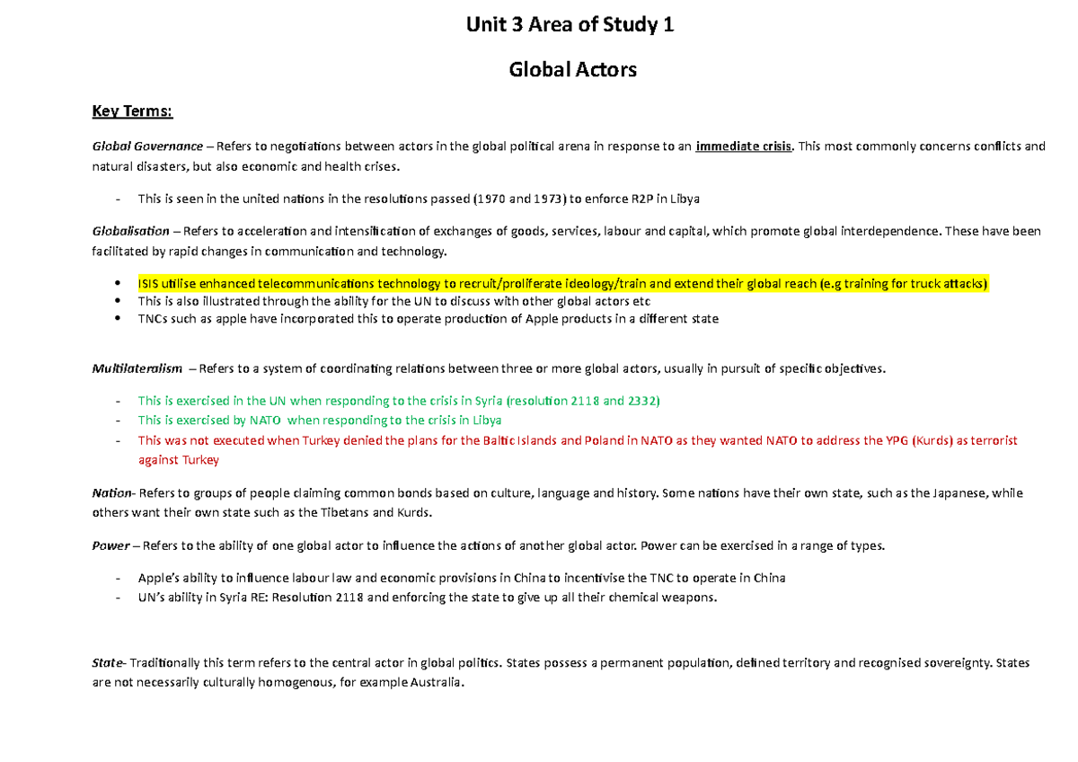 area of study 1 unit 3 global actors notes - Unit 3 Area of Study 1 ...