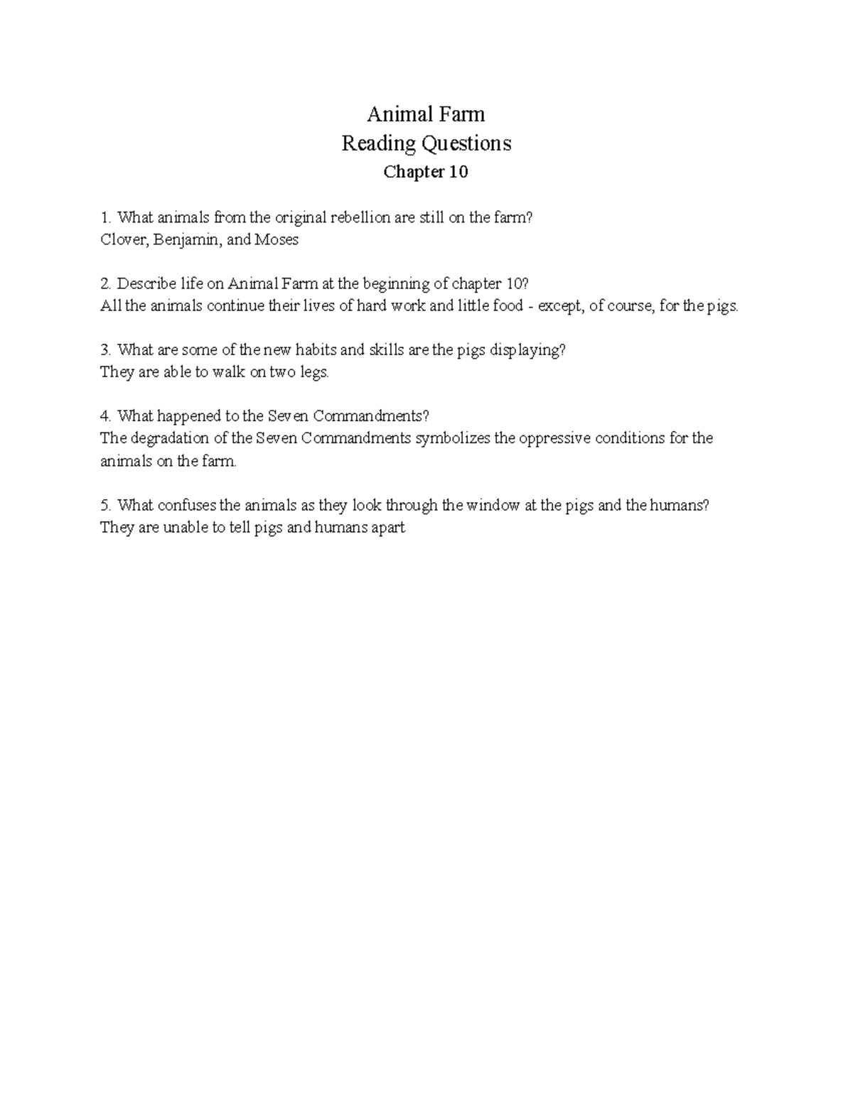 Animal Farm Reading Questions - Chapter 10 - What animals from the ...