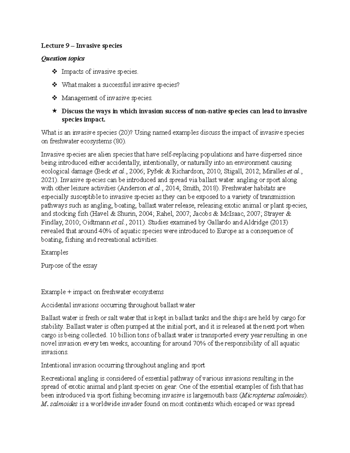 Lecture 9 – Invasive species - Lecture 9 – Invasive species Question ...