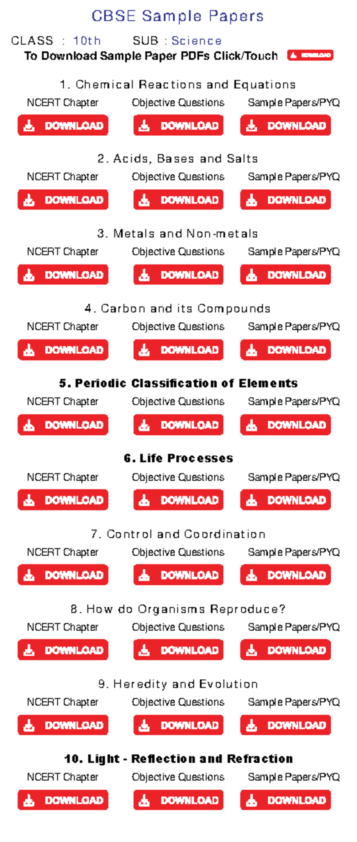 N5fcf589110403 - CBSE Sa m ple Pa pe rs CLASS : 1 0 t h SU B : Sc ie nc ...