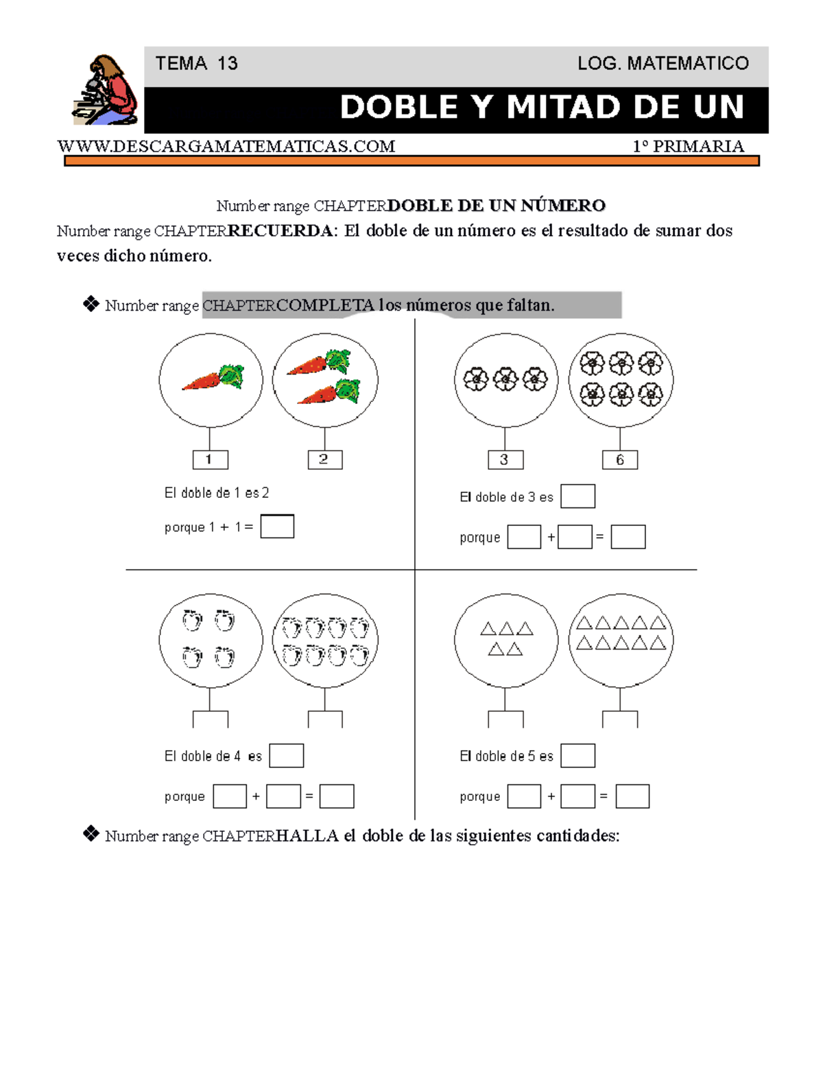 13 Doble Y Mitad DE UN Número Primero DE Primaria - WWW.DESCARGAMATEMATICAS 1º PRIMARIA Number ...