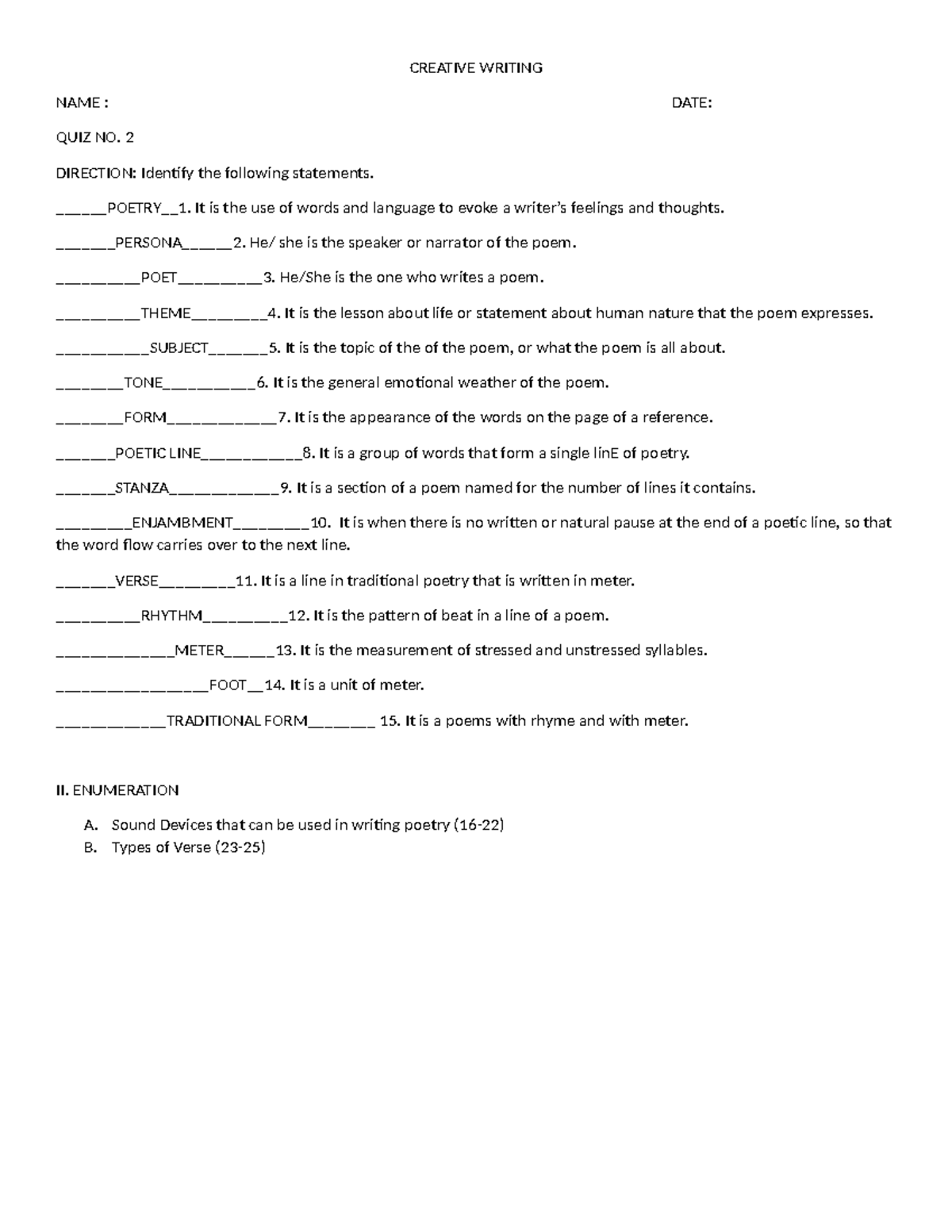 Cw worksheet 2 - CREATIVE WRITING NAME : DATE: QUIZ NO. 2 DIRECTION ...