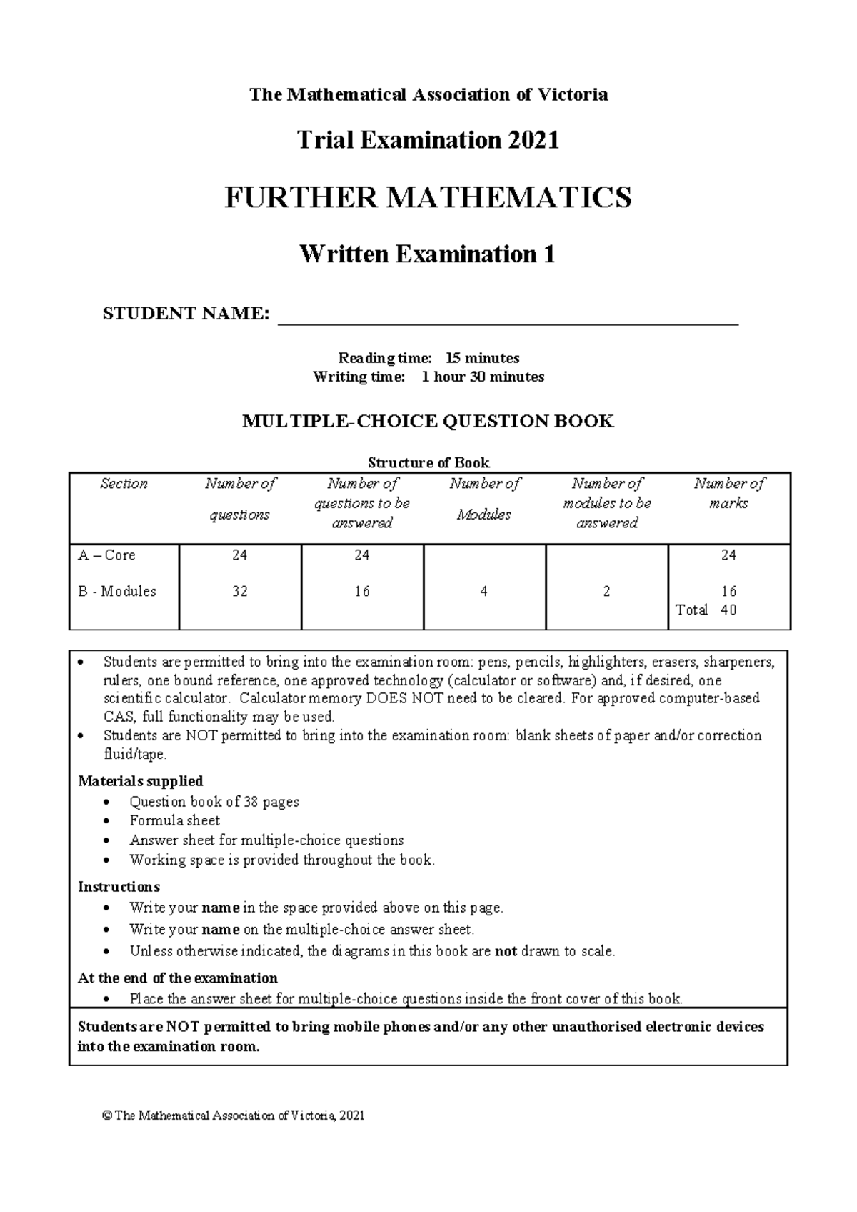 2021 MAV Further Maths Trial Exam 1 - units 3/4 Further mathematics ...
