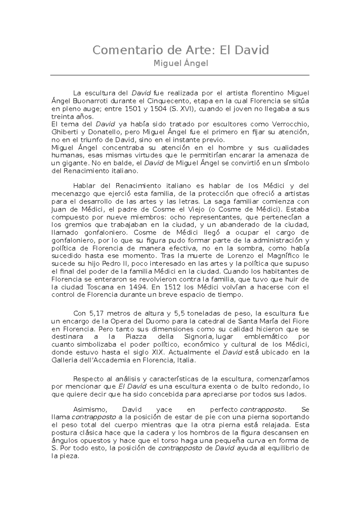 Comentario El David - Comentario de Arte: El David Miguel Ángel La ...