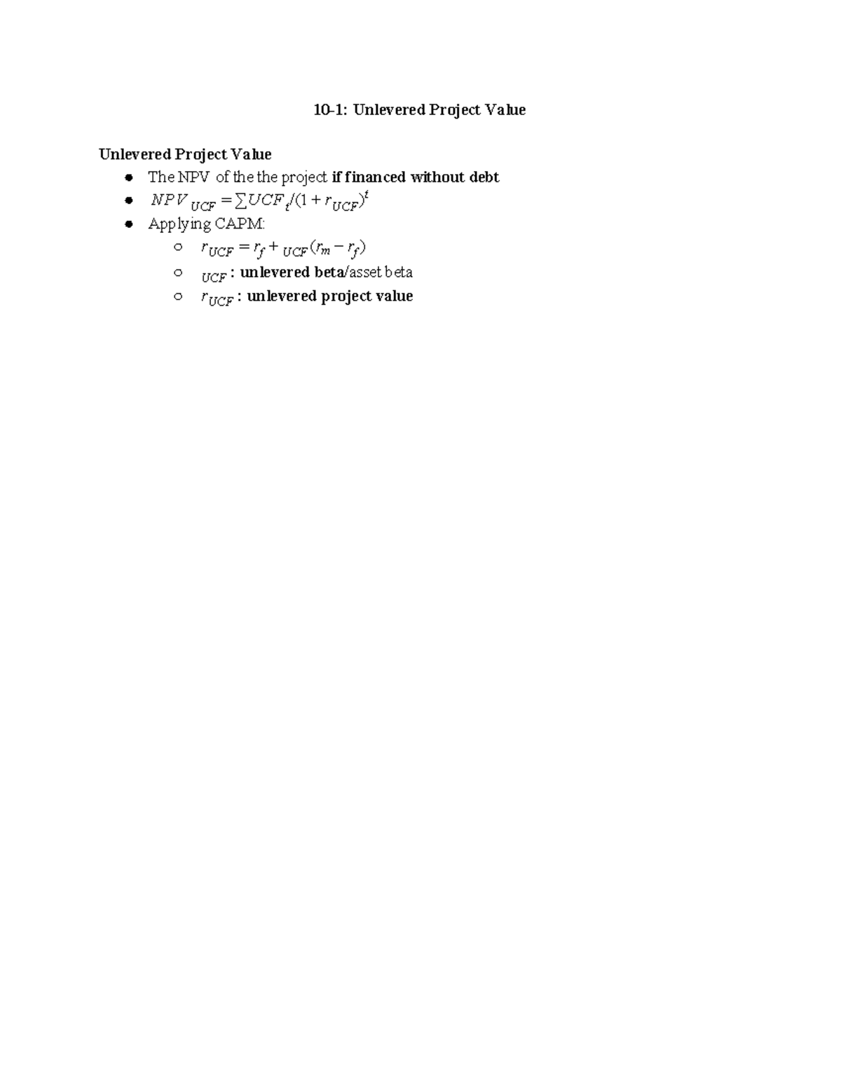 FNCE 121 Ch 10 Notes - 10-1: Unlevered Project Value Unlevered Project ...