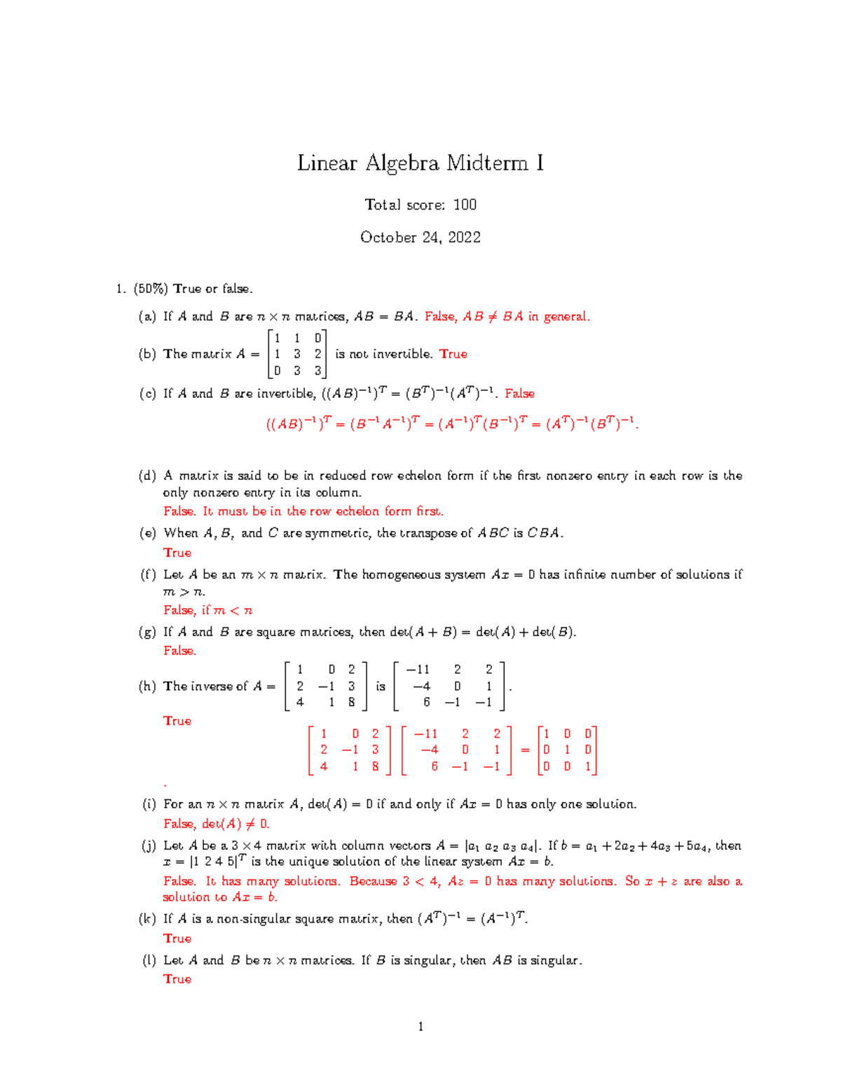 Linear Algebra Midterm I Answer 2 - Linear Algebra Midterm I Total score: 100 October 24, 2022 ...