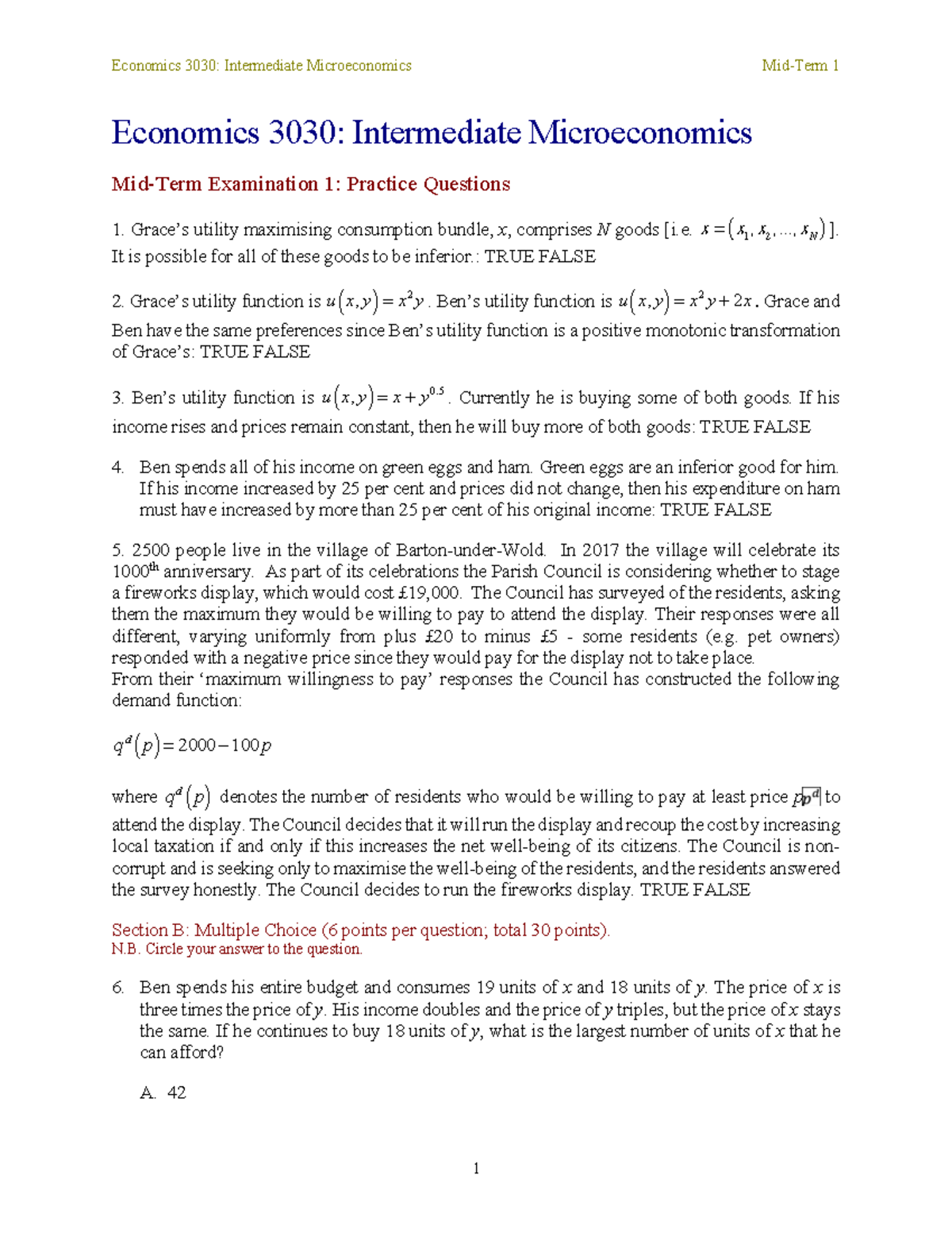 Mid Term 1 - Practice (Questions) - Economics 3030: Intermediate Microeconomics Mid-Term ...