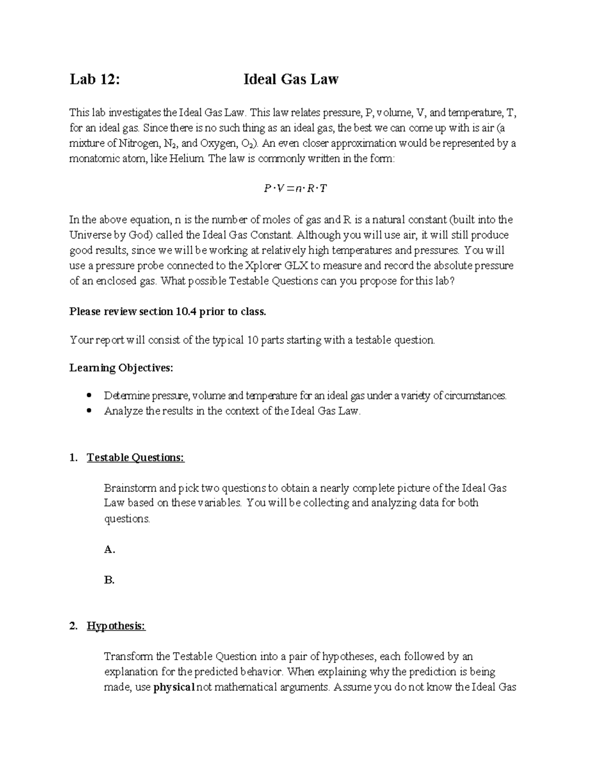 PHY111L Lab 12 Ideal gas law3 - Lab 12: Ideal Gas Law This lab ...