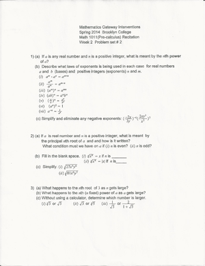Problem Set 1 week 1 Recitation Math 1011 (Pre-calculus) Mathematics ...
