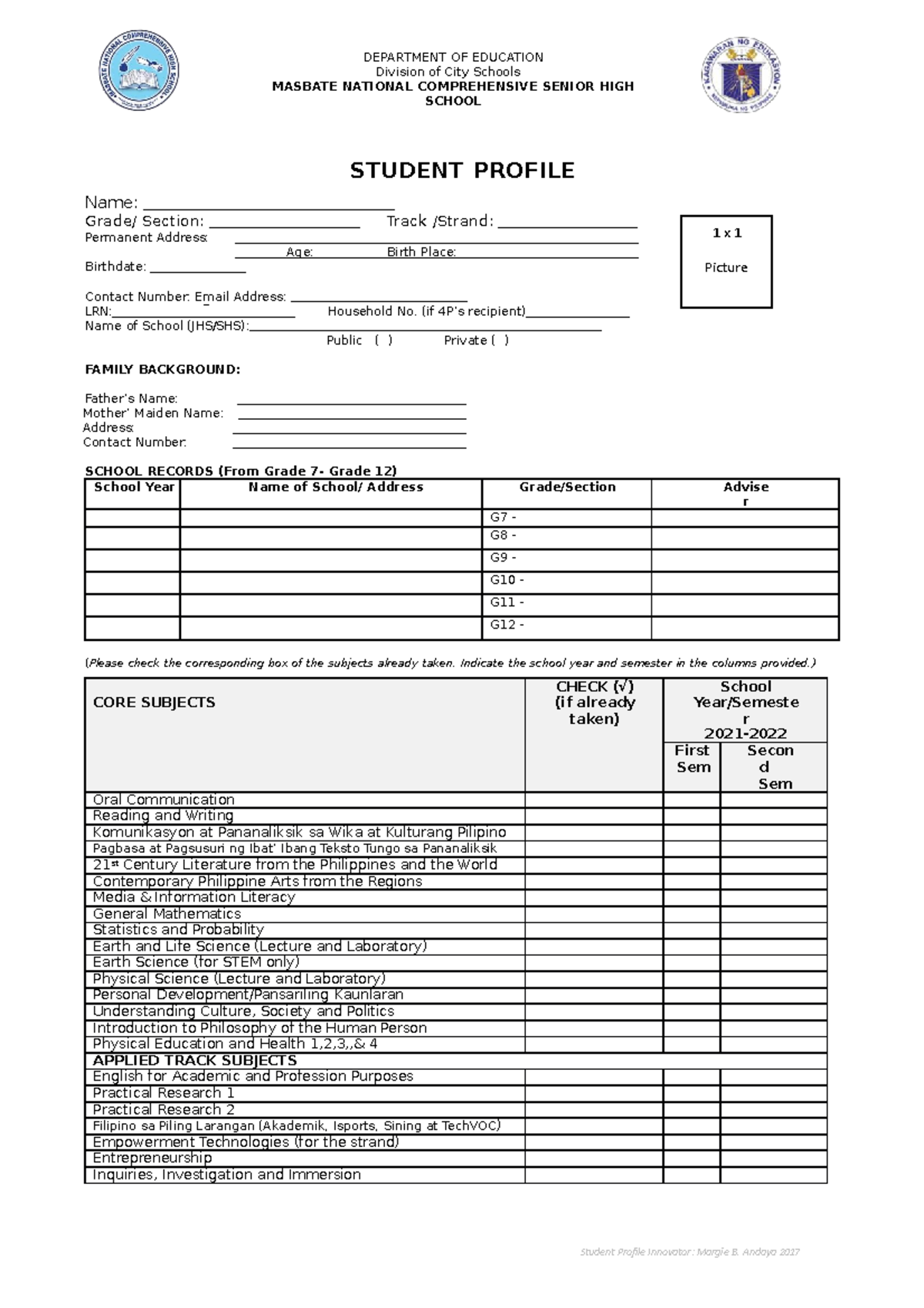 Student Profile. Innovation .m - DEPARTMENT OF EDUCATION Division of ...
