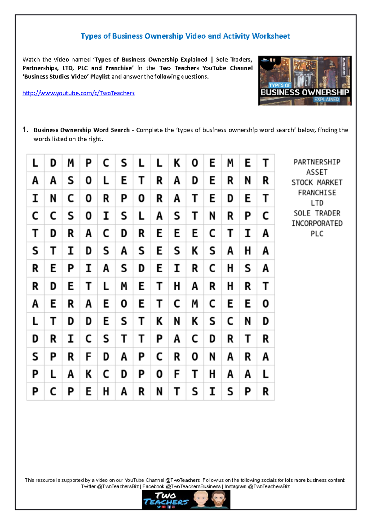 Types of Business Ownership Activity Worksheet Linked to Video - Types ...