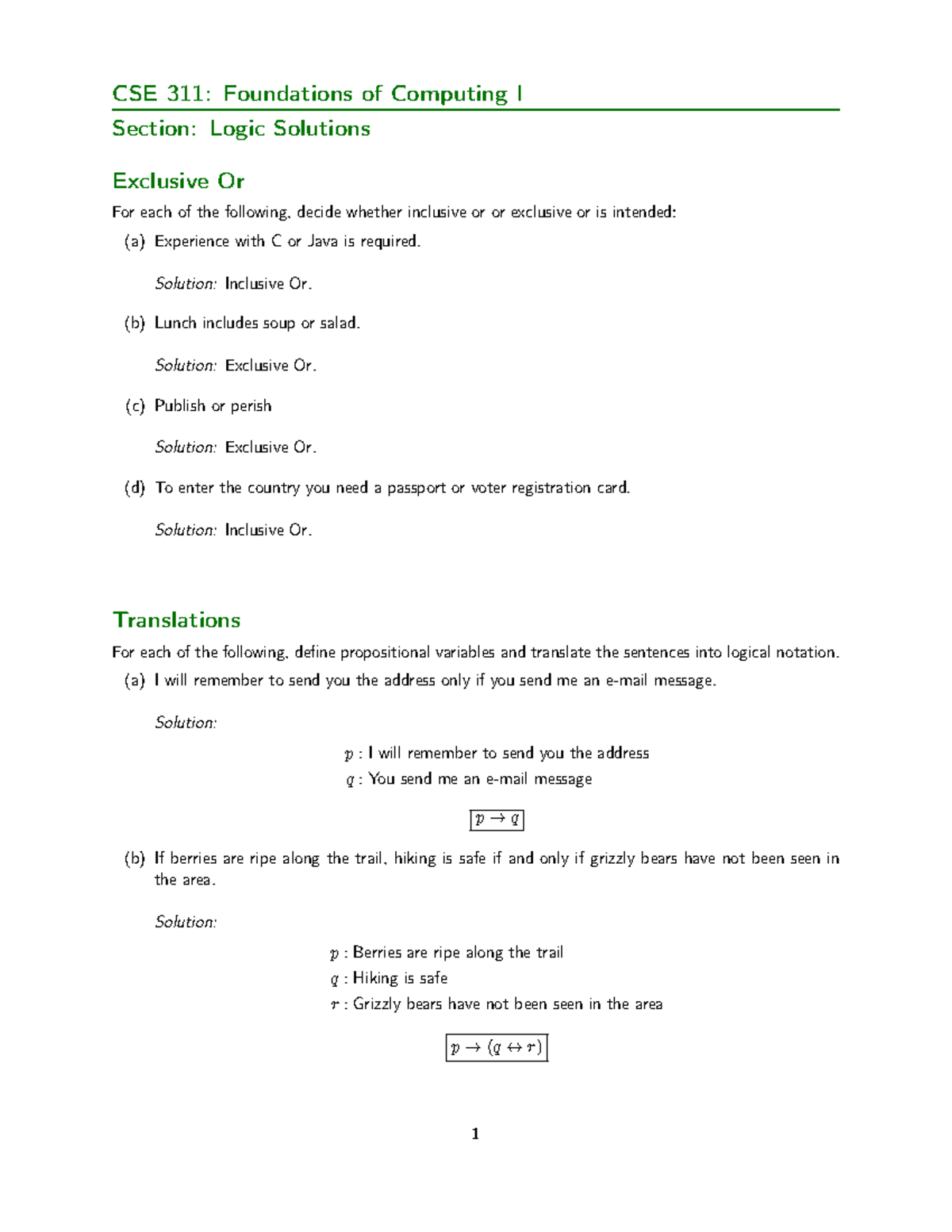 Section 01-solutions - 1111111111111111111111 - CSE 311: Foundations of Computing I Section ...