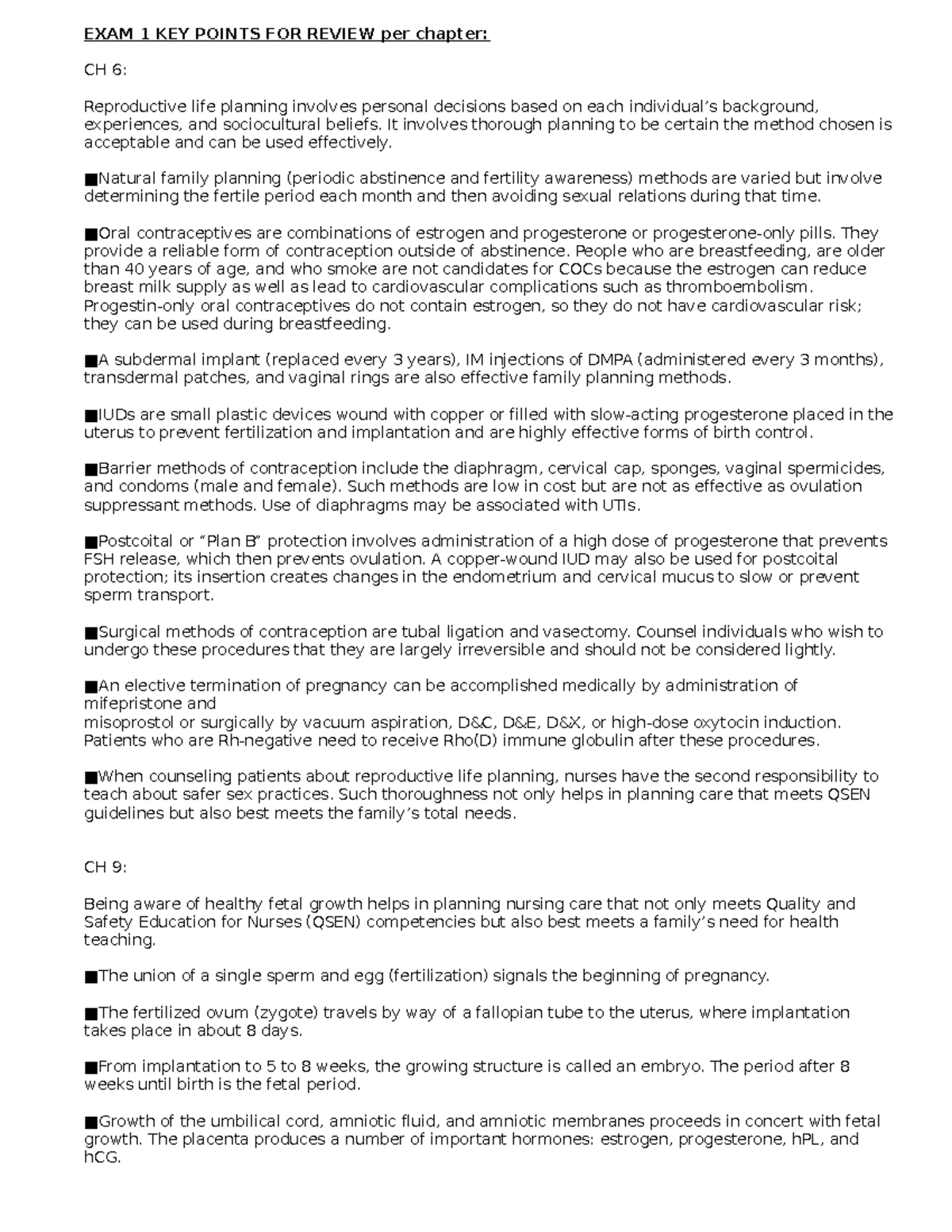 EXAM 1 KEY Points FOR Review per chapter - EXAM 1 KEY POINTS FOR REVIEW ...