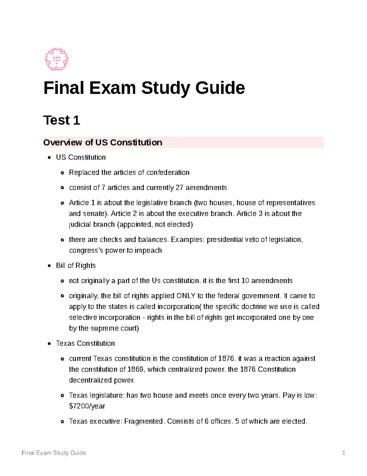 Final Exam Study Guide - 💮 Final Exam Study Guide Test 1 Overview of US ...