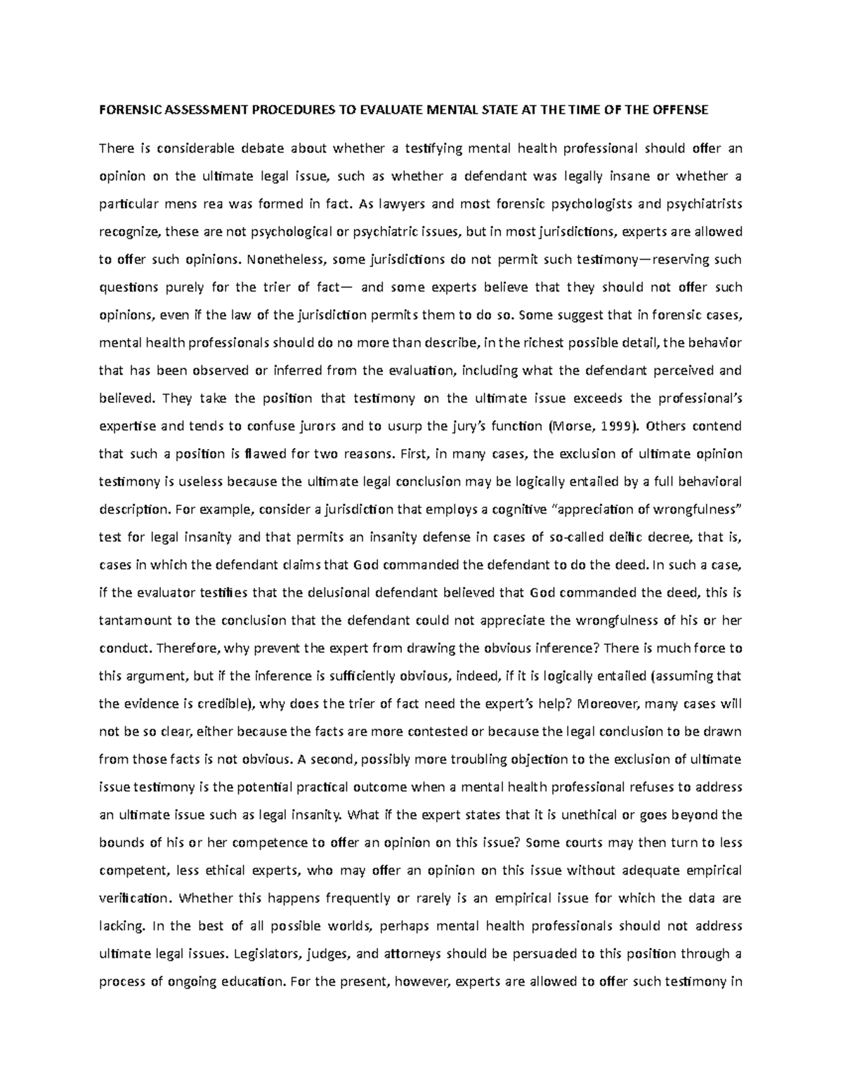 Forensic Assessment Procedures TO Evaluate Mental State AT THE TIME OF ...