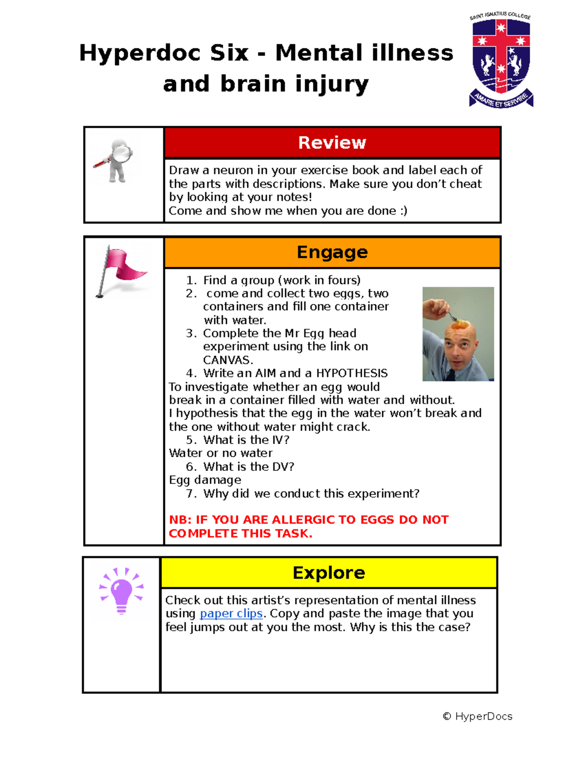 Hyperdoc 6-1 - practise sheets - Hyperdoc Six - Mental illness and ...