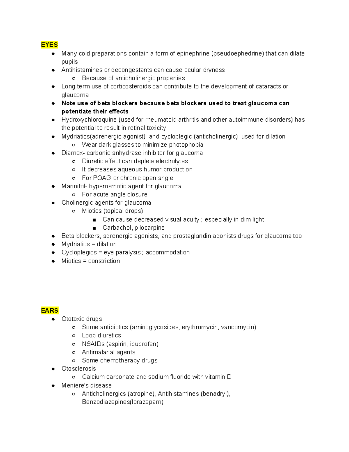 Exam 1 medication stuff - EYES Many cold preparations contain a form of ...