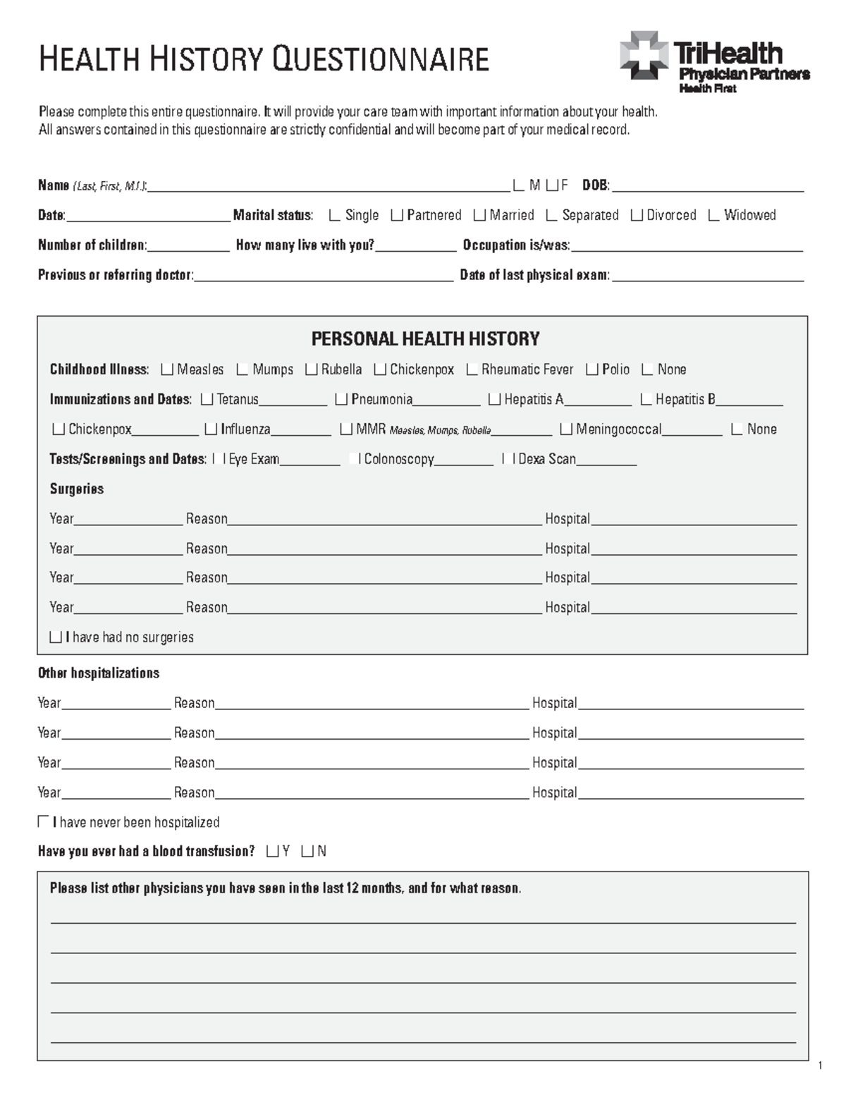Sample Health History - PERSONAL HEALTH HISTORY Childhood Illness ...