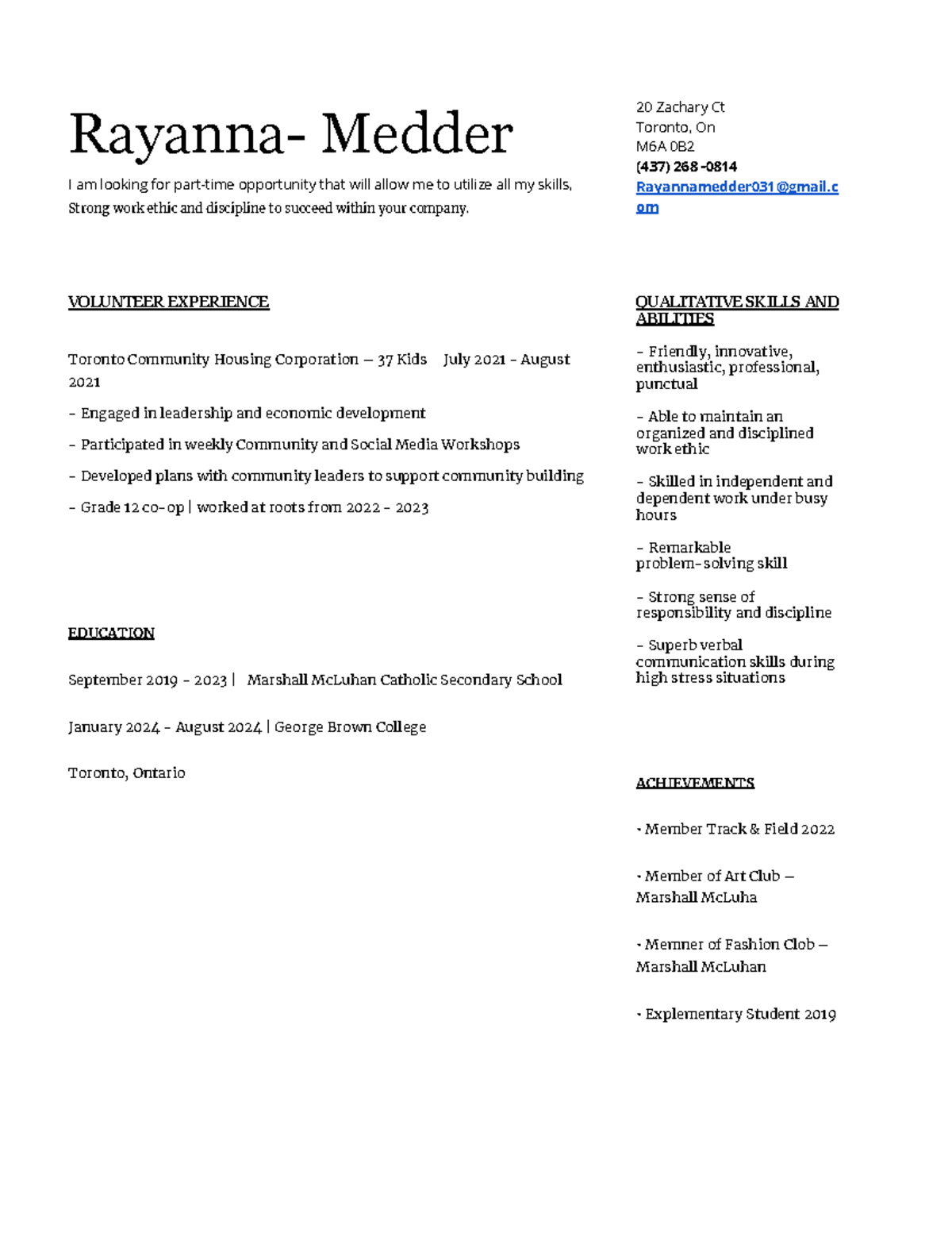 2023 - Rayanna- Medder I am looking for part-time opportunity that will ...