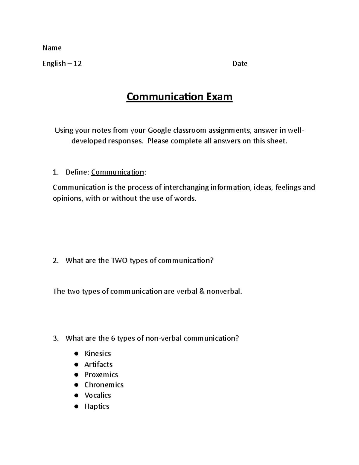 Communication Exam Grade 12 - Name English – 12 Date Communication Exam ...