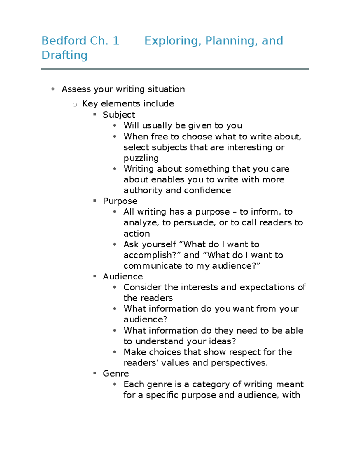 ENG - 101 Bedford Ch. 1 Notes - Bedford Ch. 1 Exploring, Planning, and ...