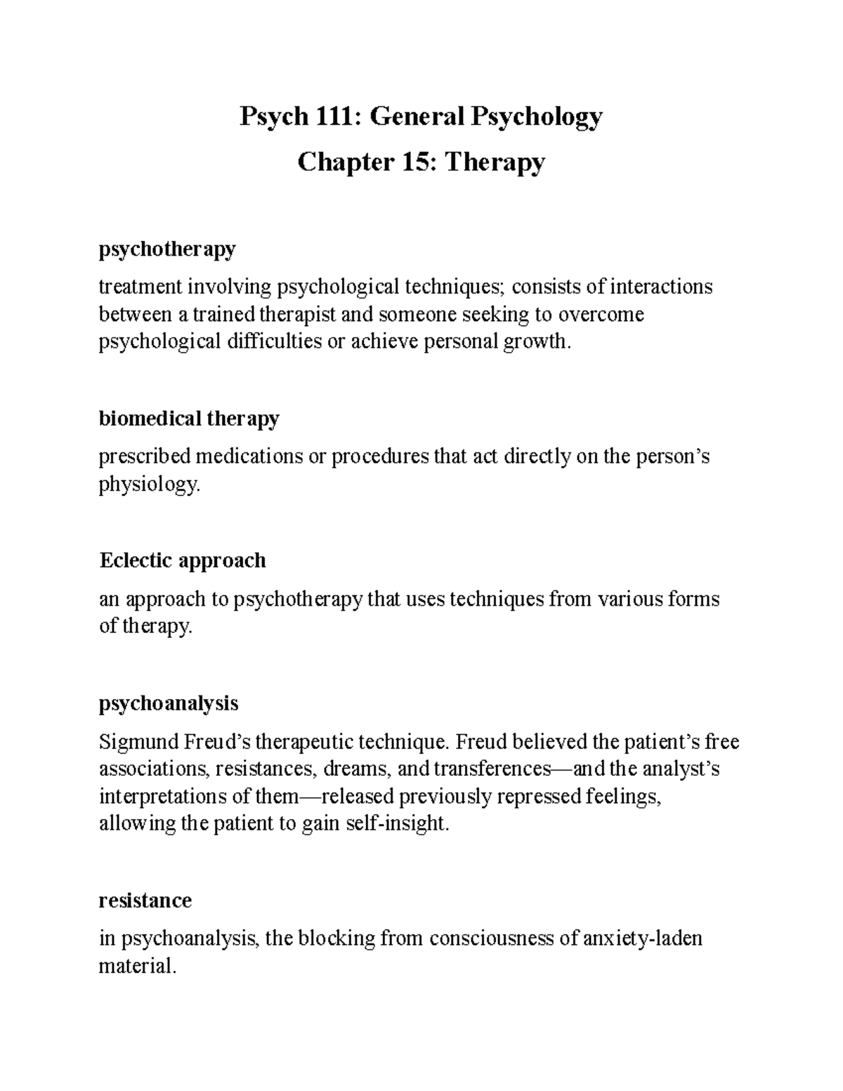 Psych 111 Ch 15 - Psych 111: General Psychology Chapter 15: Therapy ...