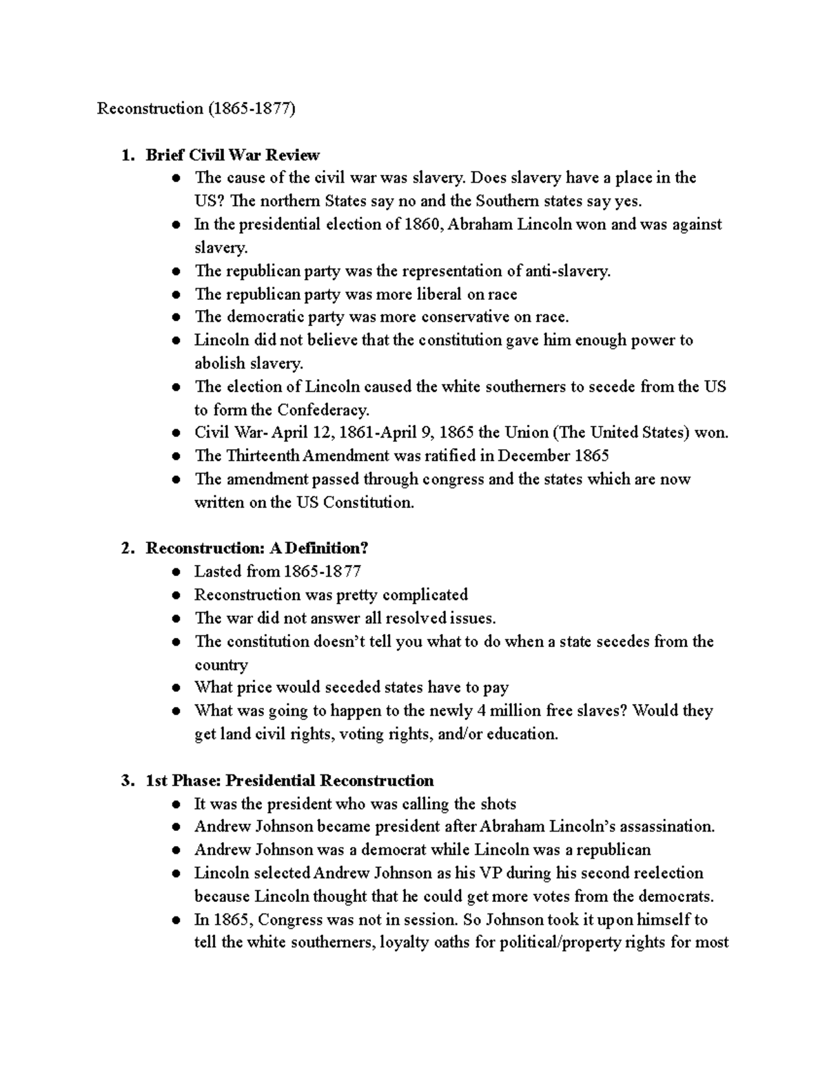 History 12: Reconstruction pt. 1 - Reconstruction (1865-1877) 1. Brief ...