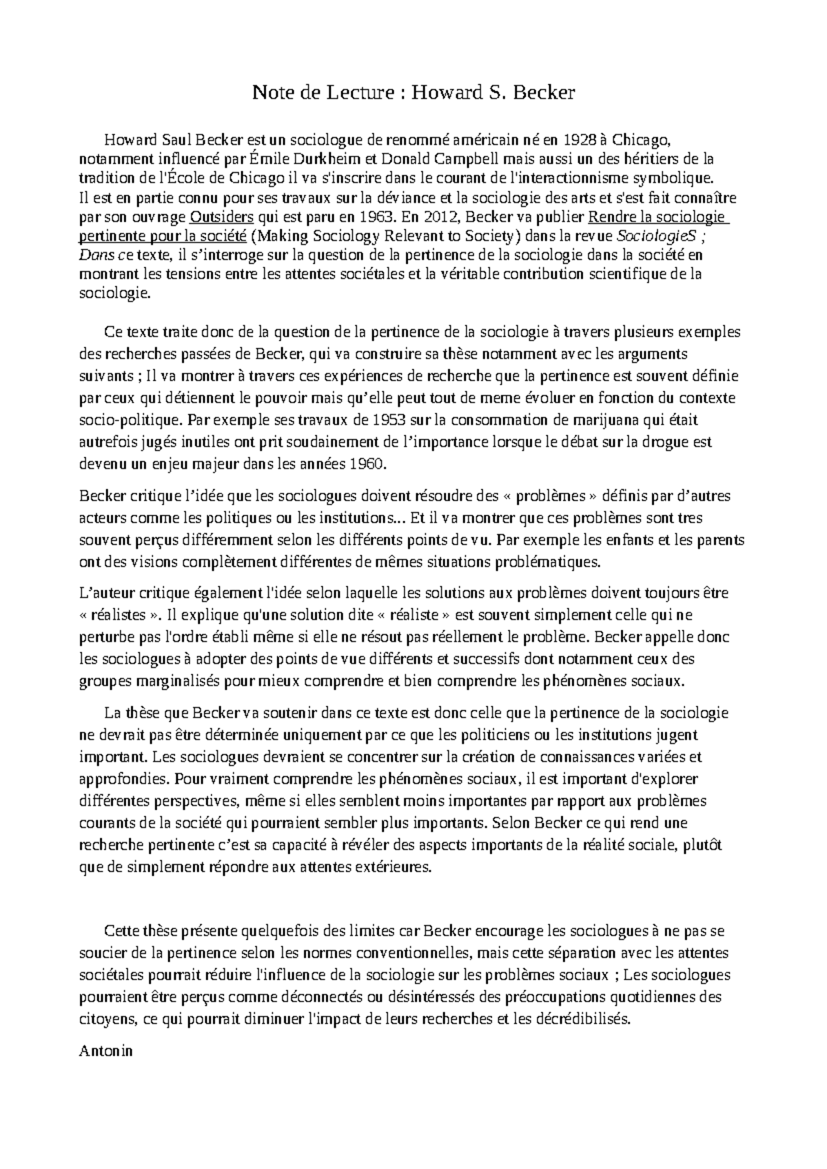 Note De Lecture - Howard Becker - Note de Lecture : Howard S. Becker ...