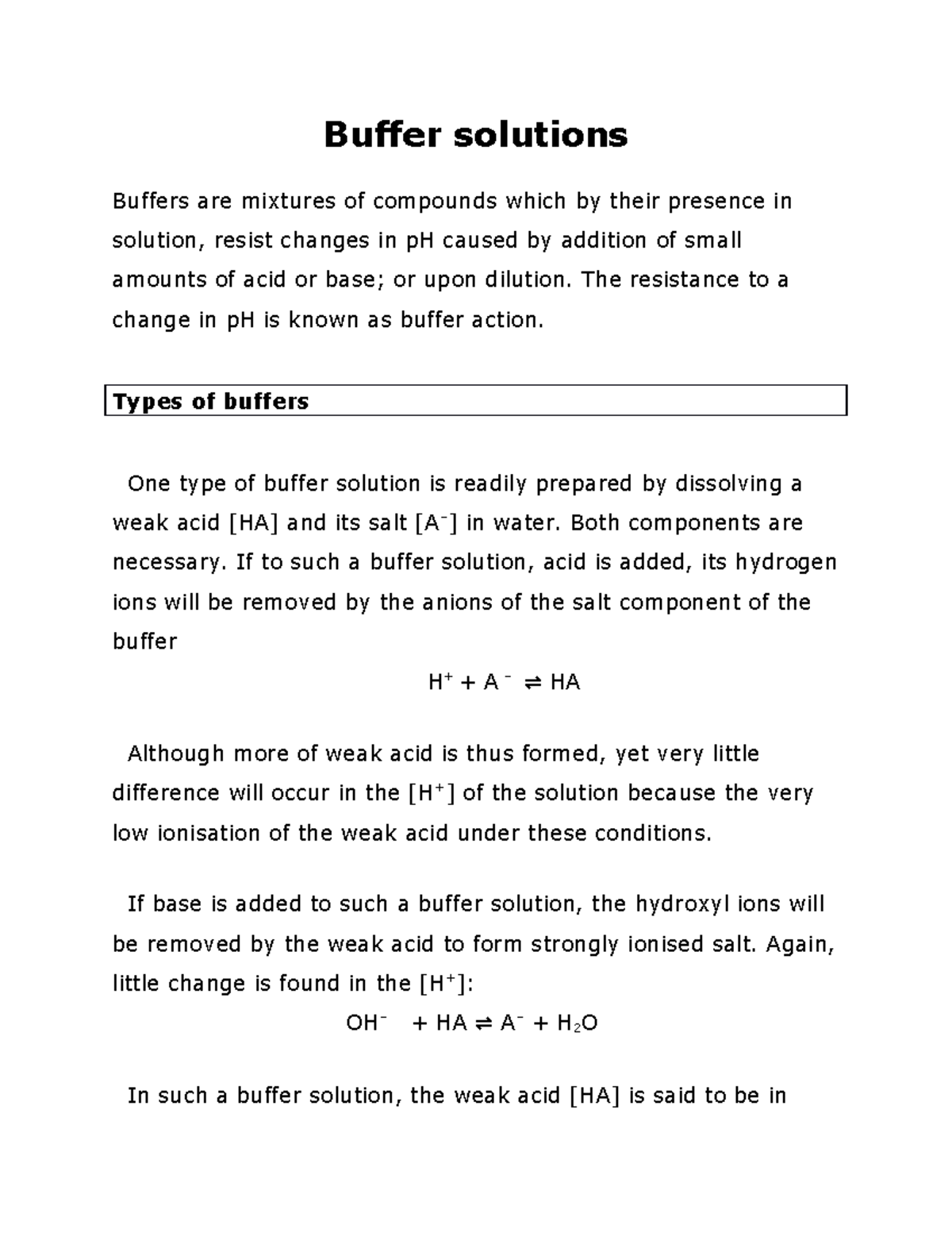 Analytical lecture 2 - biotechnology - Buffer solutions Buffers are ...